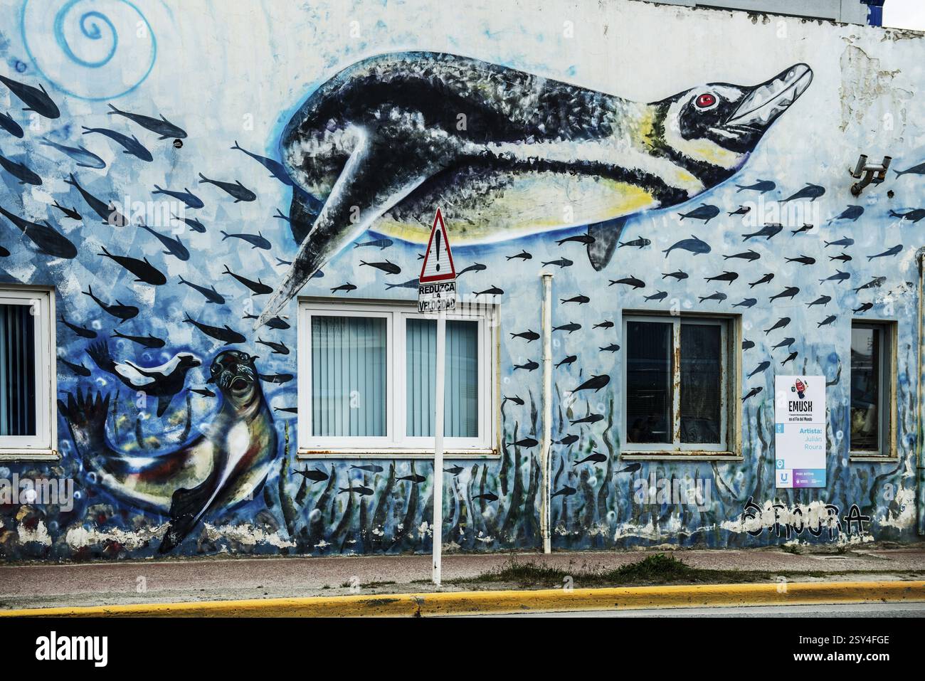 Mural with penguins and seals, harbour of Ushuaia, Argentina, South ...