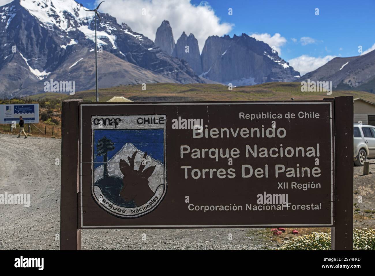 Entrance sign to Torres del Paine National Park, Patagonia, Chile ...