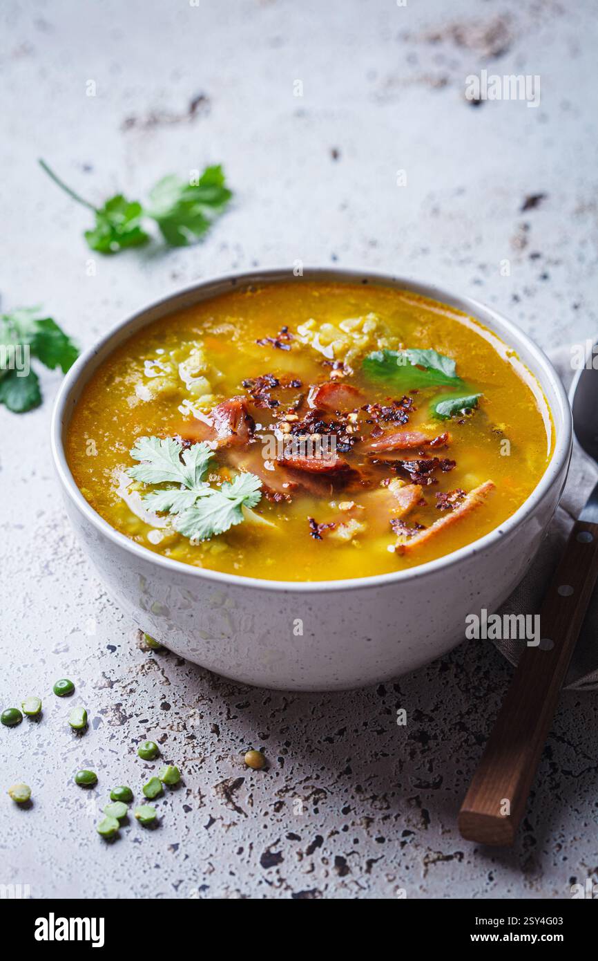 Split pea soup with smoked bacon Stock Photo - Alamy