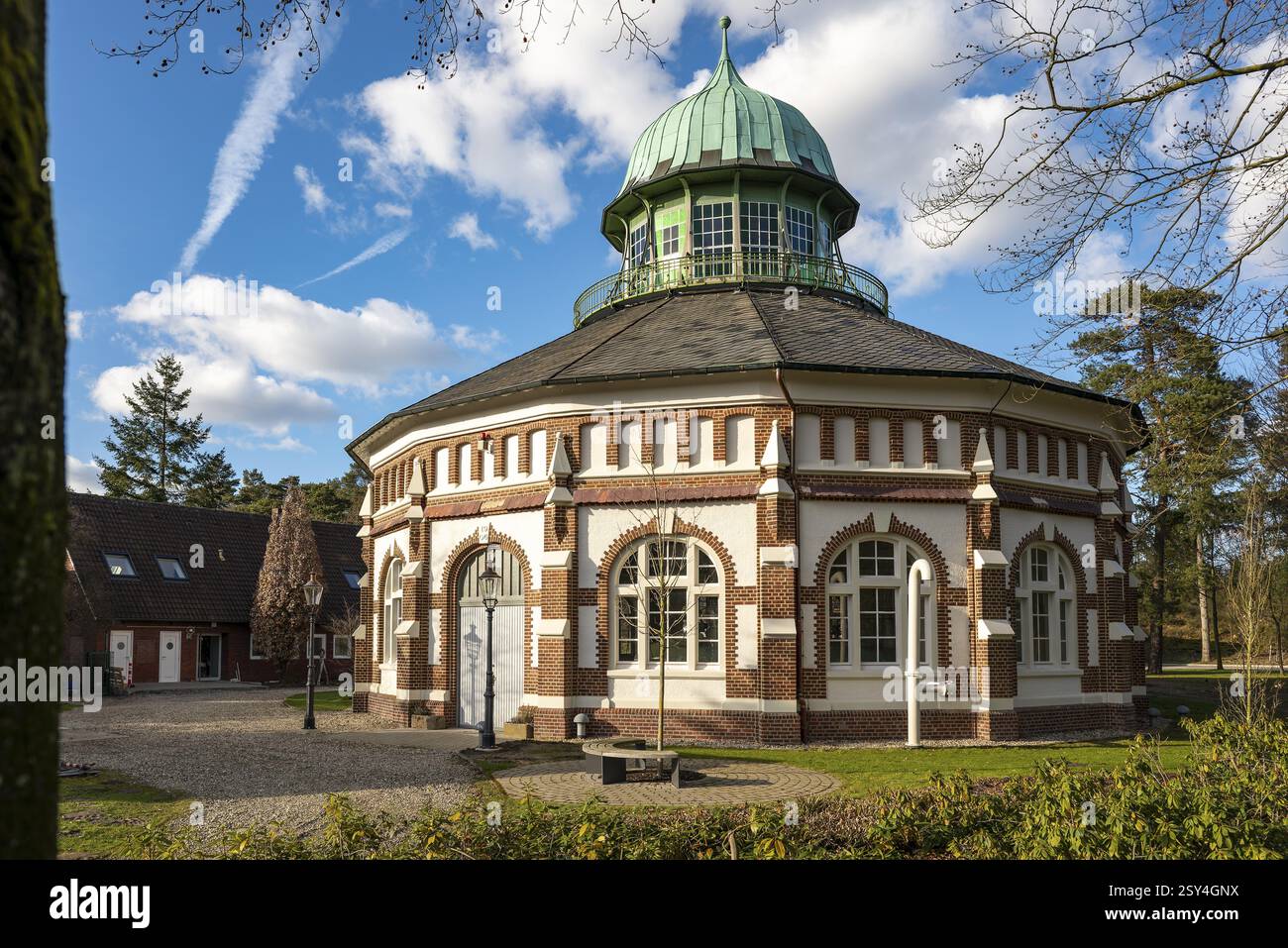 The historic Hohe Ward waterworks in Muenster-Hiltrup, a listed Art Nouveau building with a dome ...