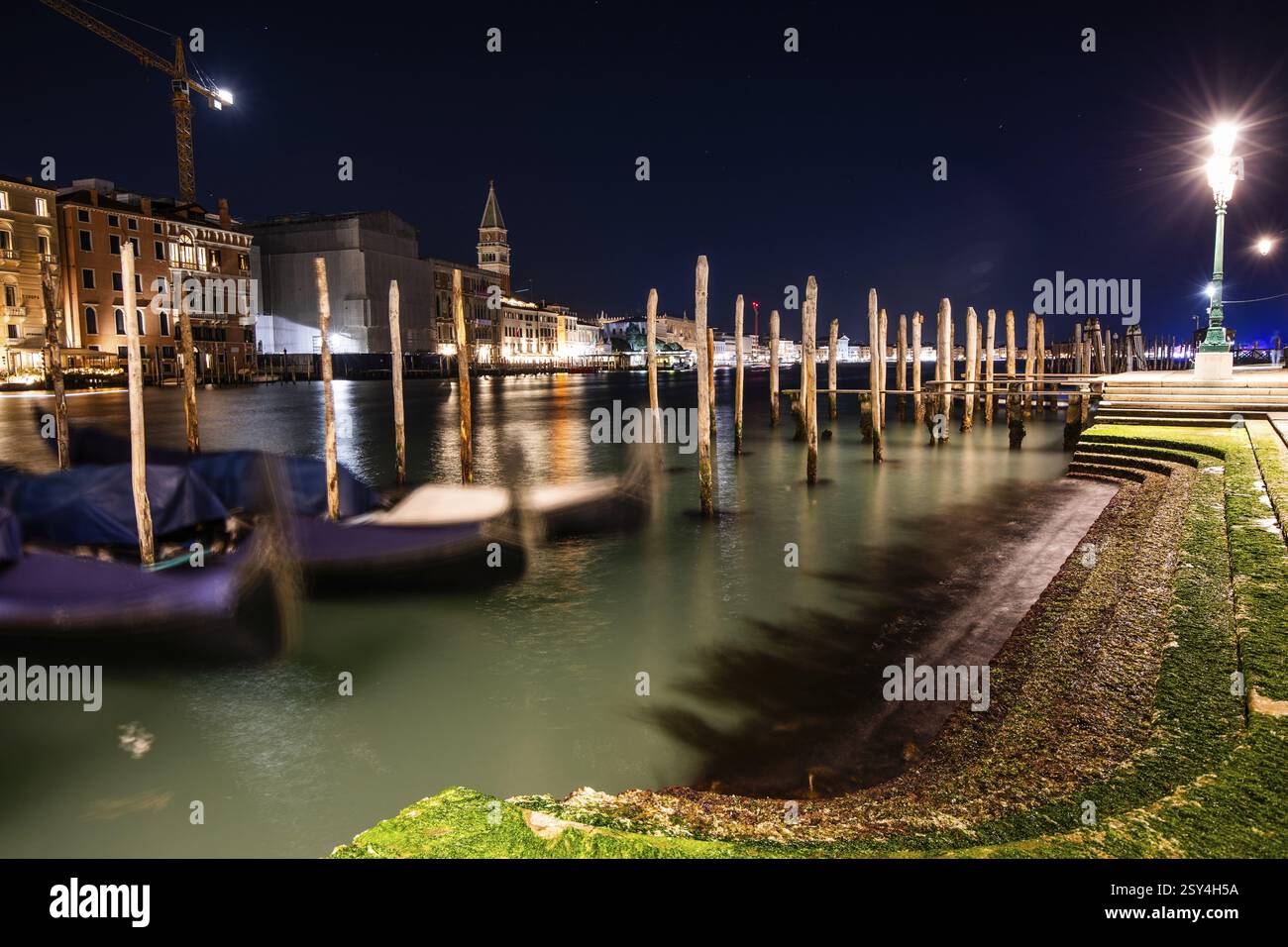 Venetian gondolas, boat dock at the customs office on the Grand Canal ...