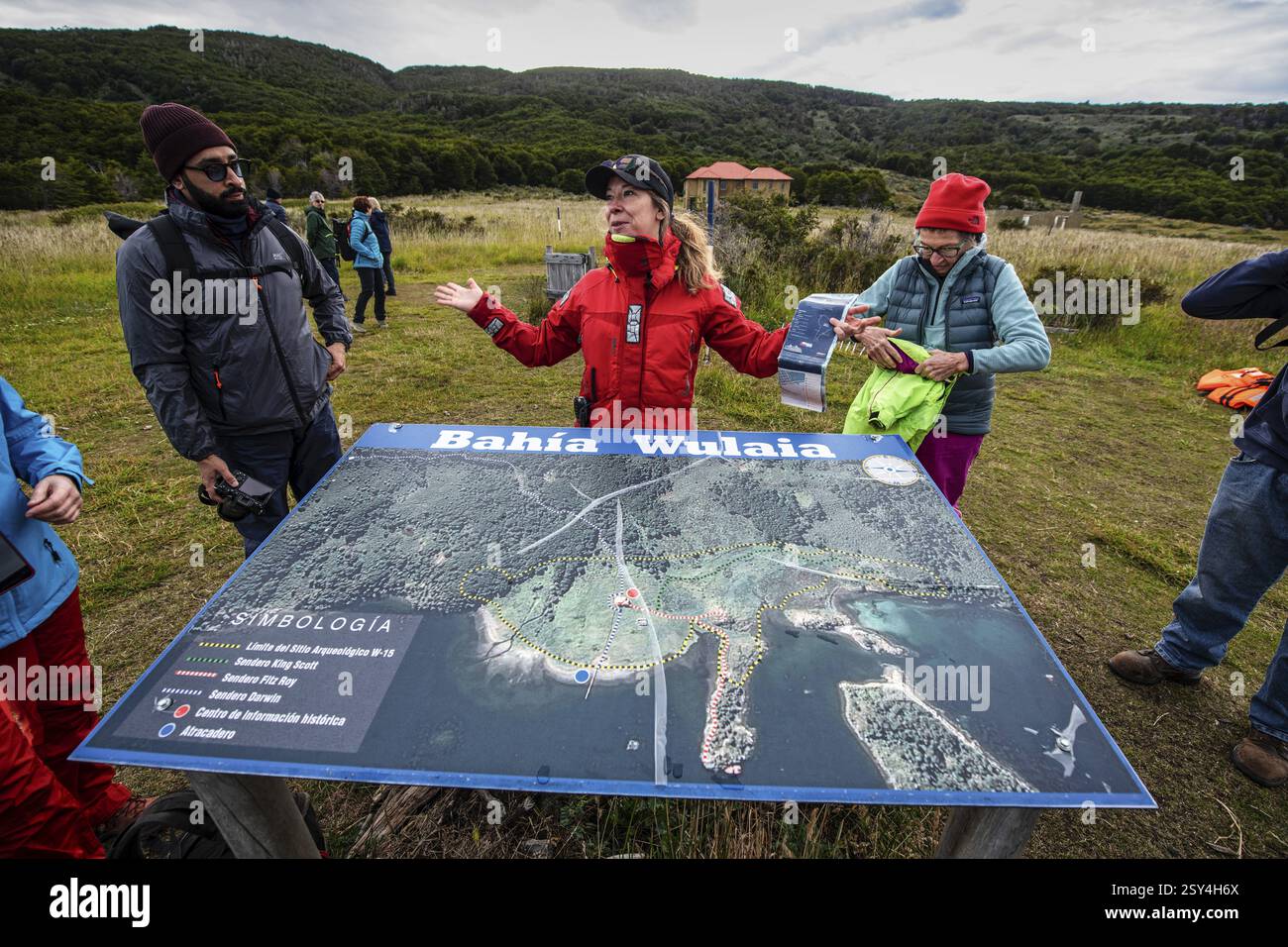 Hiking group with guide in Wulaia Bay, Beagle Street, Ushuaia, Tierra ...