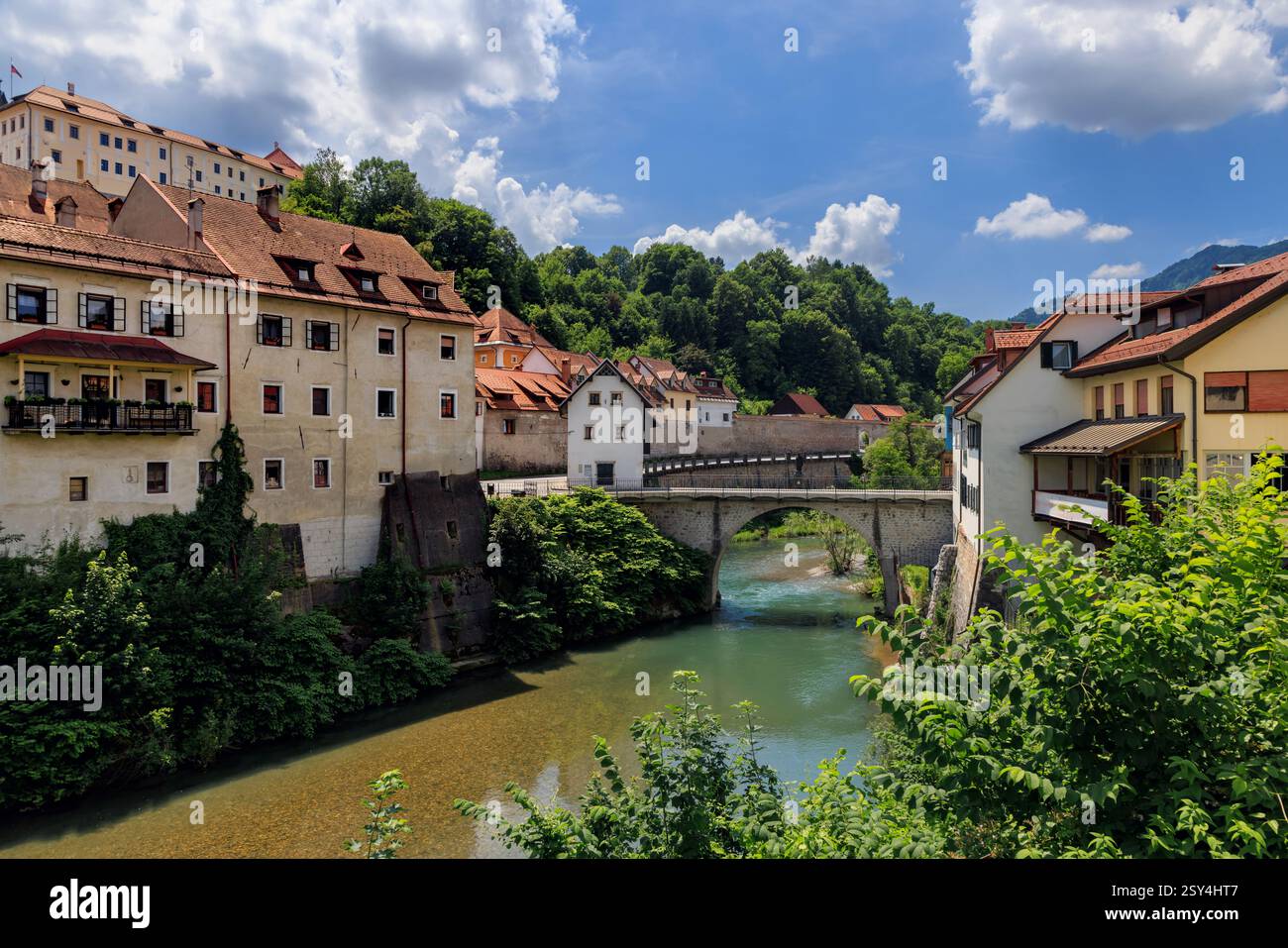 Cityscape of Škofja Loka, Slovenia. View of the Capuchin Bridge over ...