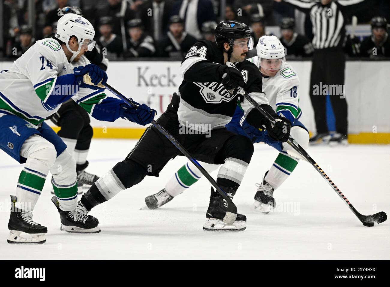Los Angeles Kings center Phillip Danault (24) takes a shot between ...