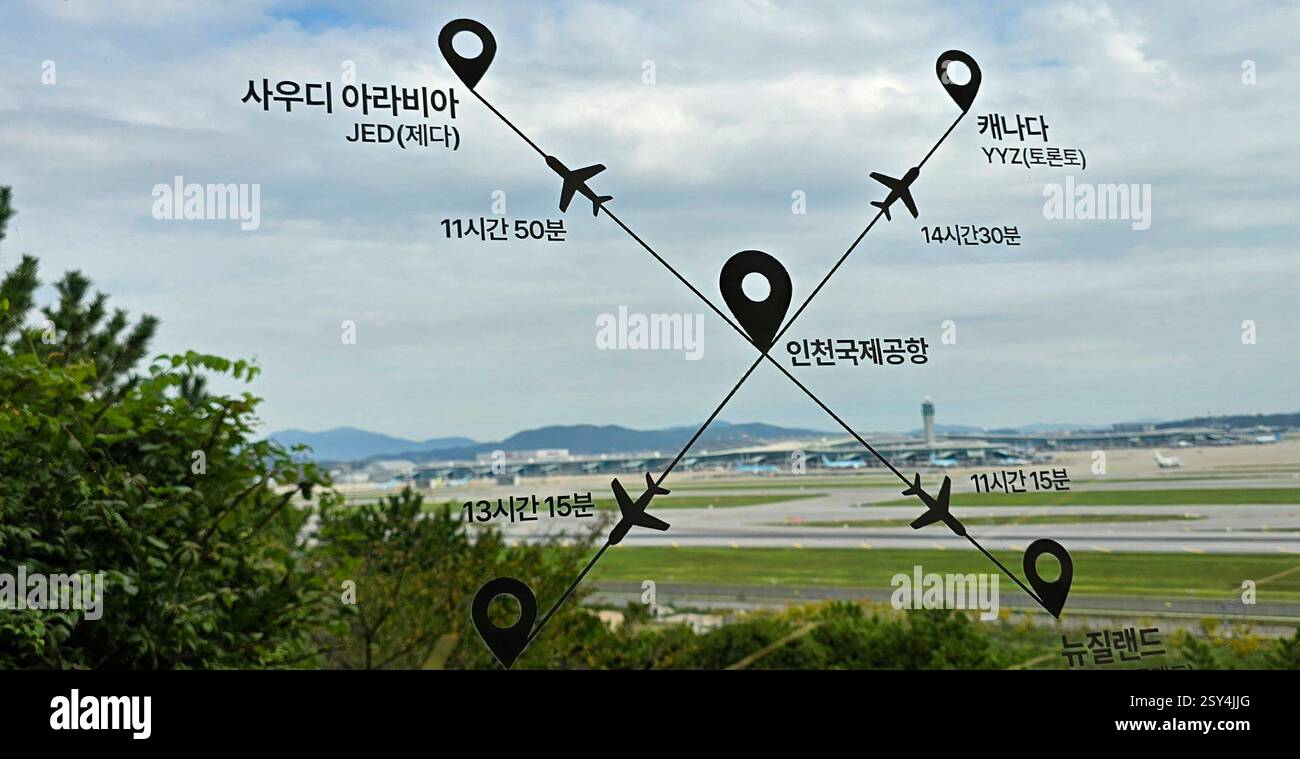 A sticker on the window indicating the flight time between Incheon ...