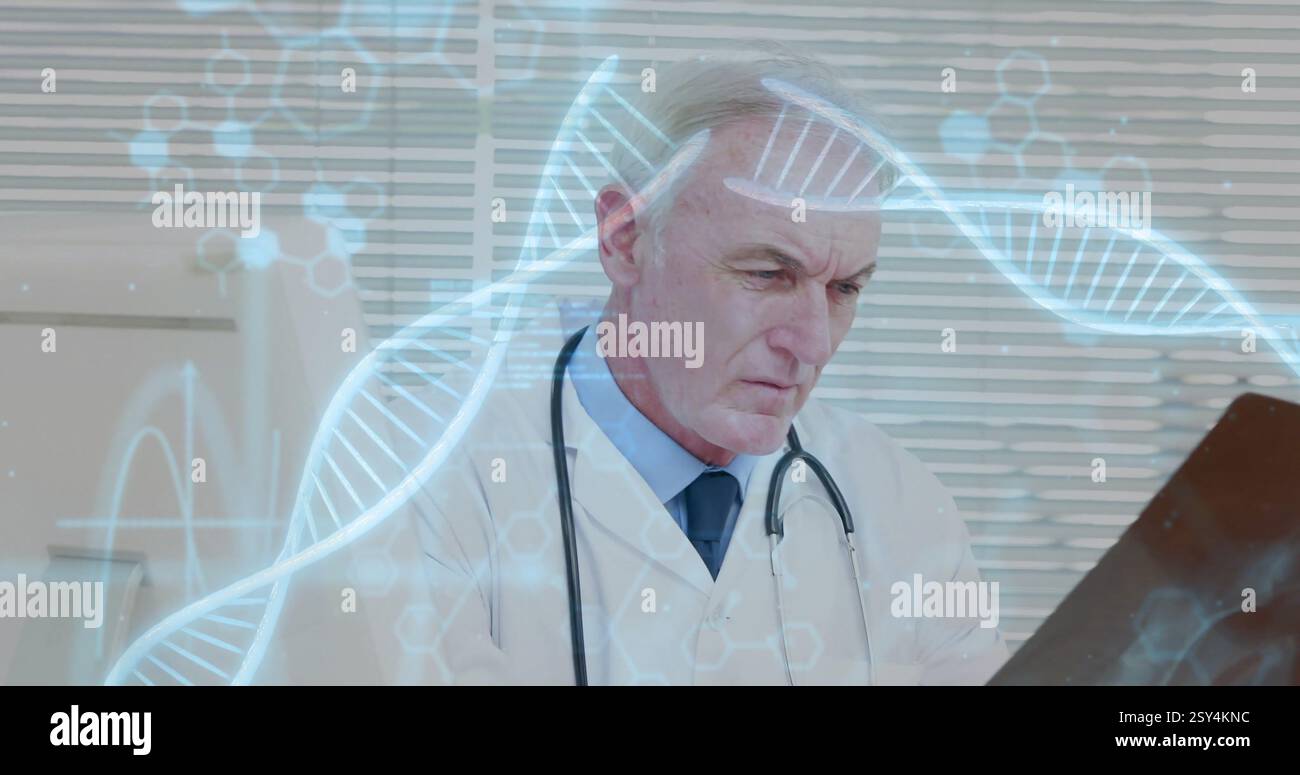 Image of dna strands with data processing over caucasian male doctor ...