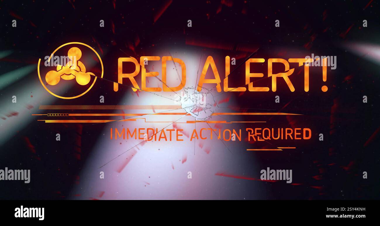Image of red alert text with sign over light trails on black background ...