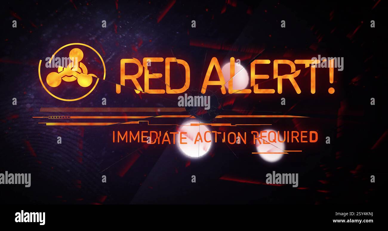 Image of red alert text with sign over light spots on black background ...