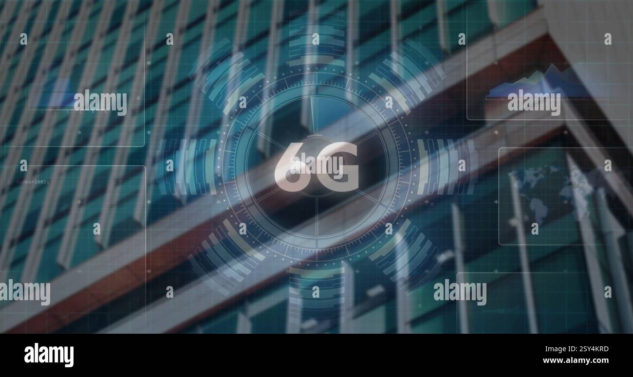 Image of data processing with scope scanning and 6g over modern building Stock Photo - Alamy