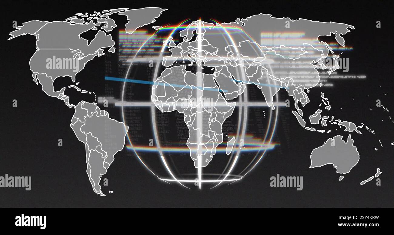 Image of globe spinning over world map and data processing Stock Photo - Alamy