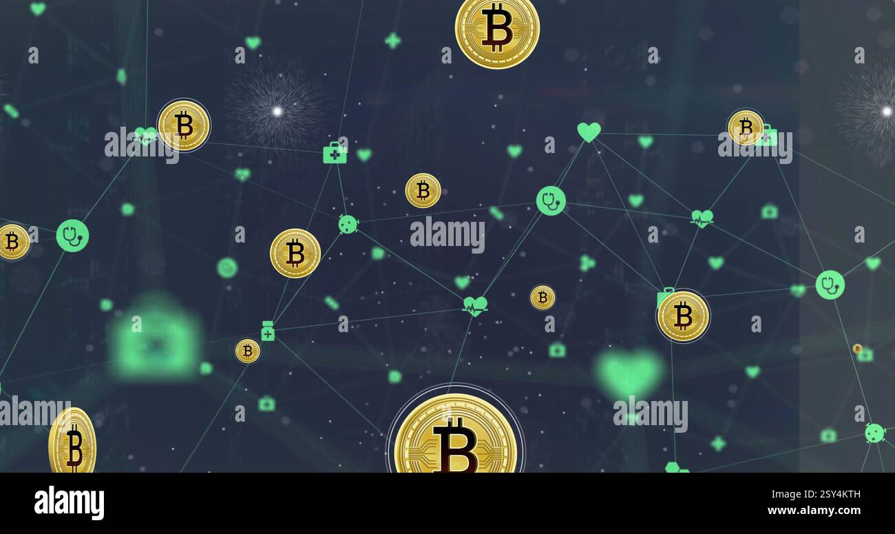 Image of bitcoin icons and digital data processing with connections Stock Photo - Alamy