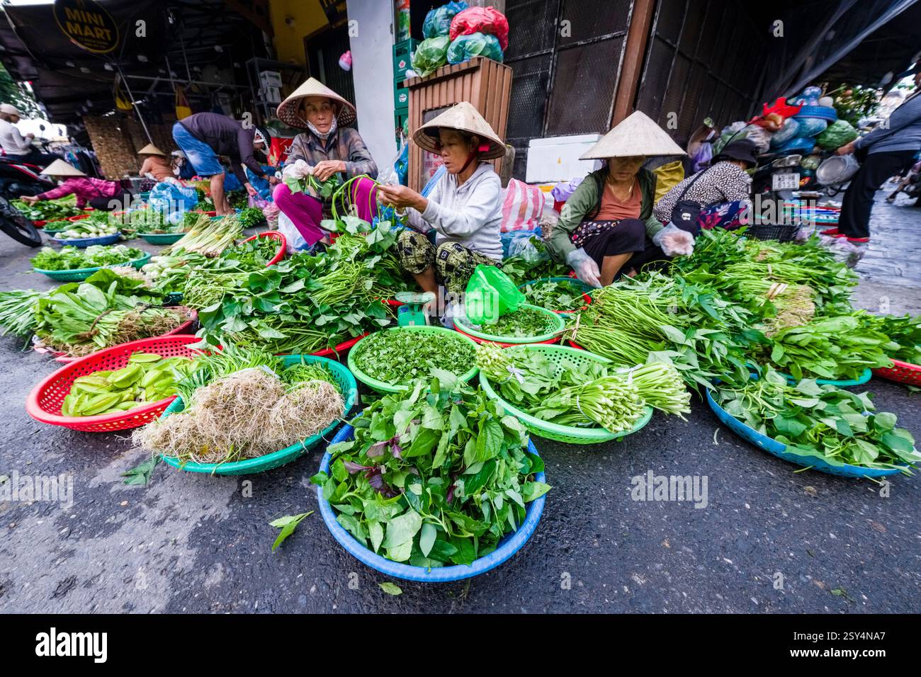 Women with a conical hats sell various fresh vegetables at one of the ...
