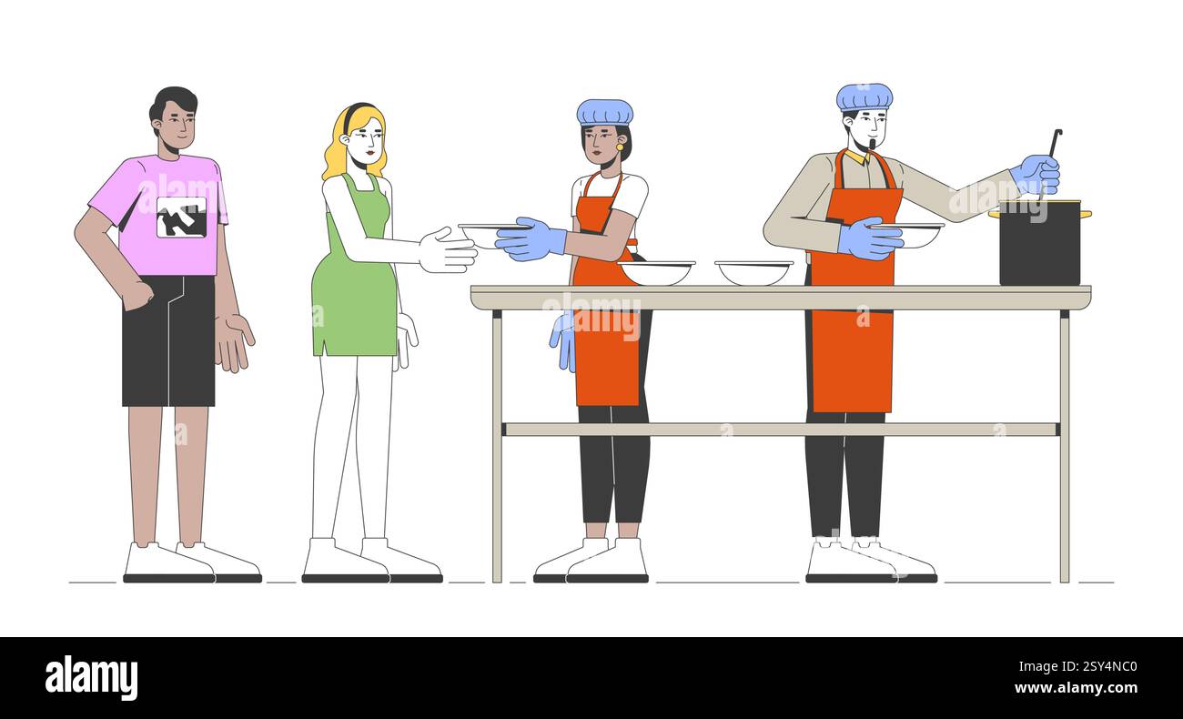 Soup kitchen volunteers serving meals 2D vector illustration Stock ...