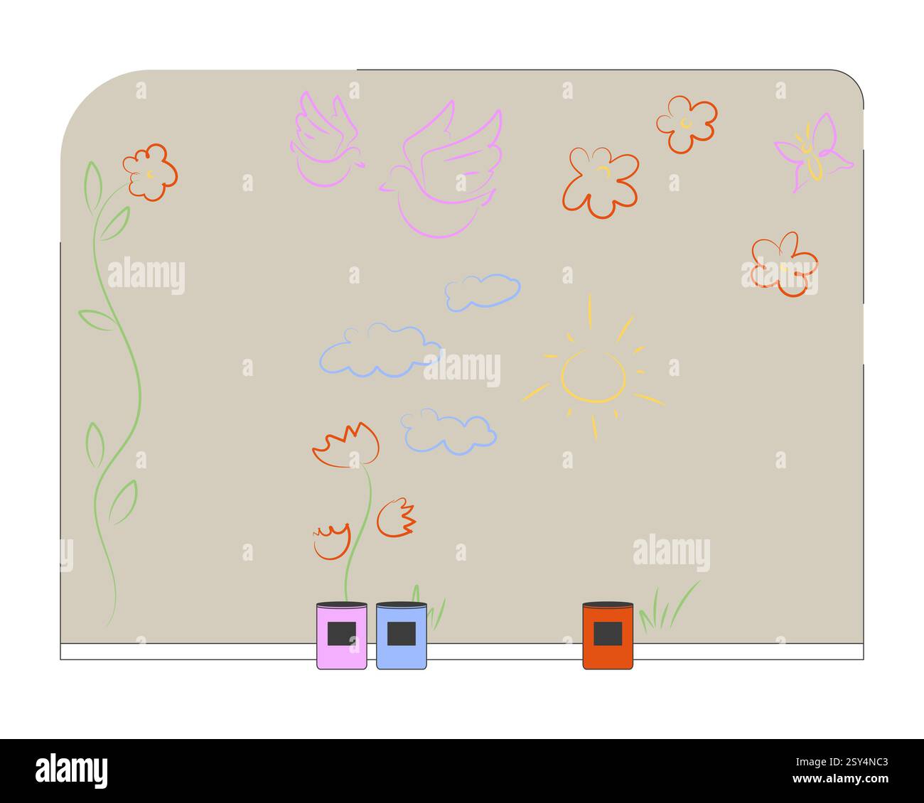 Wall mural with childish drawings and paint cans 2D vector illustration ...