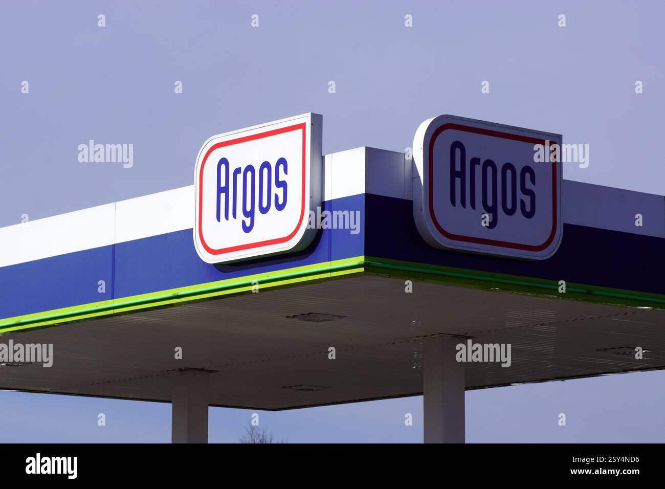 Exterior, roof of a Argos petrol station with the Argos emblems in the ...