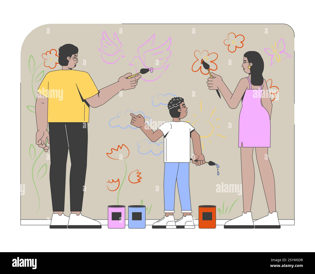 Community wall mural painting 2D vector illustration Stock Vector Image ...