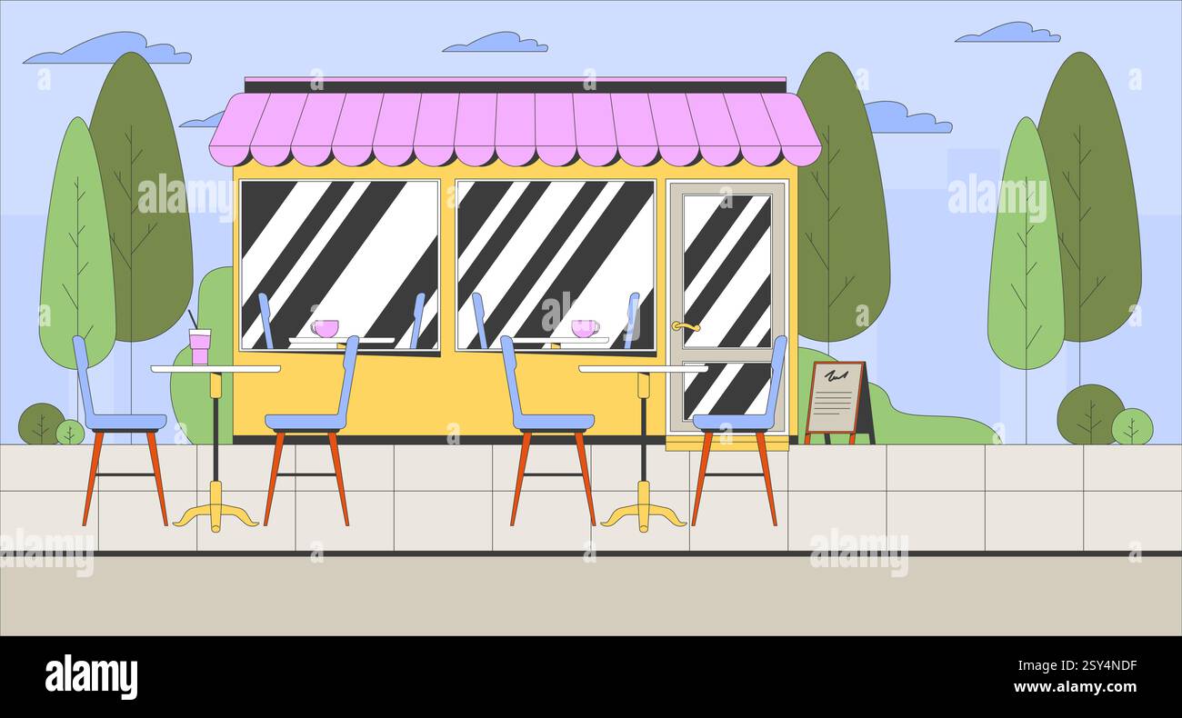 Empty outdoor cafe with storefront, awning and tables chairs flat ...