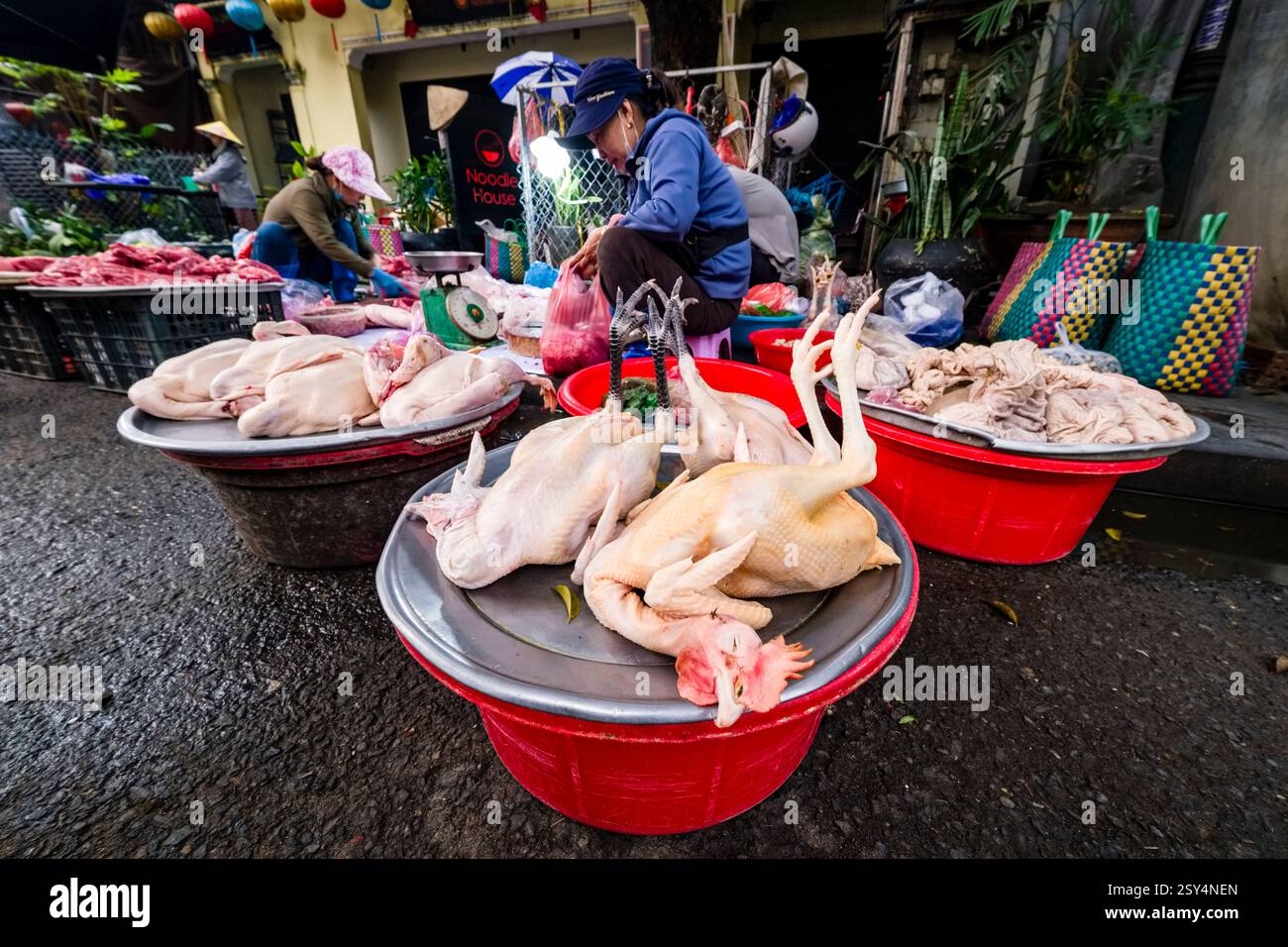 Women selling fresh chickens at one of the many street markets in the ...