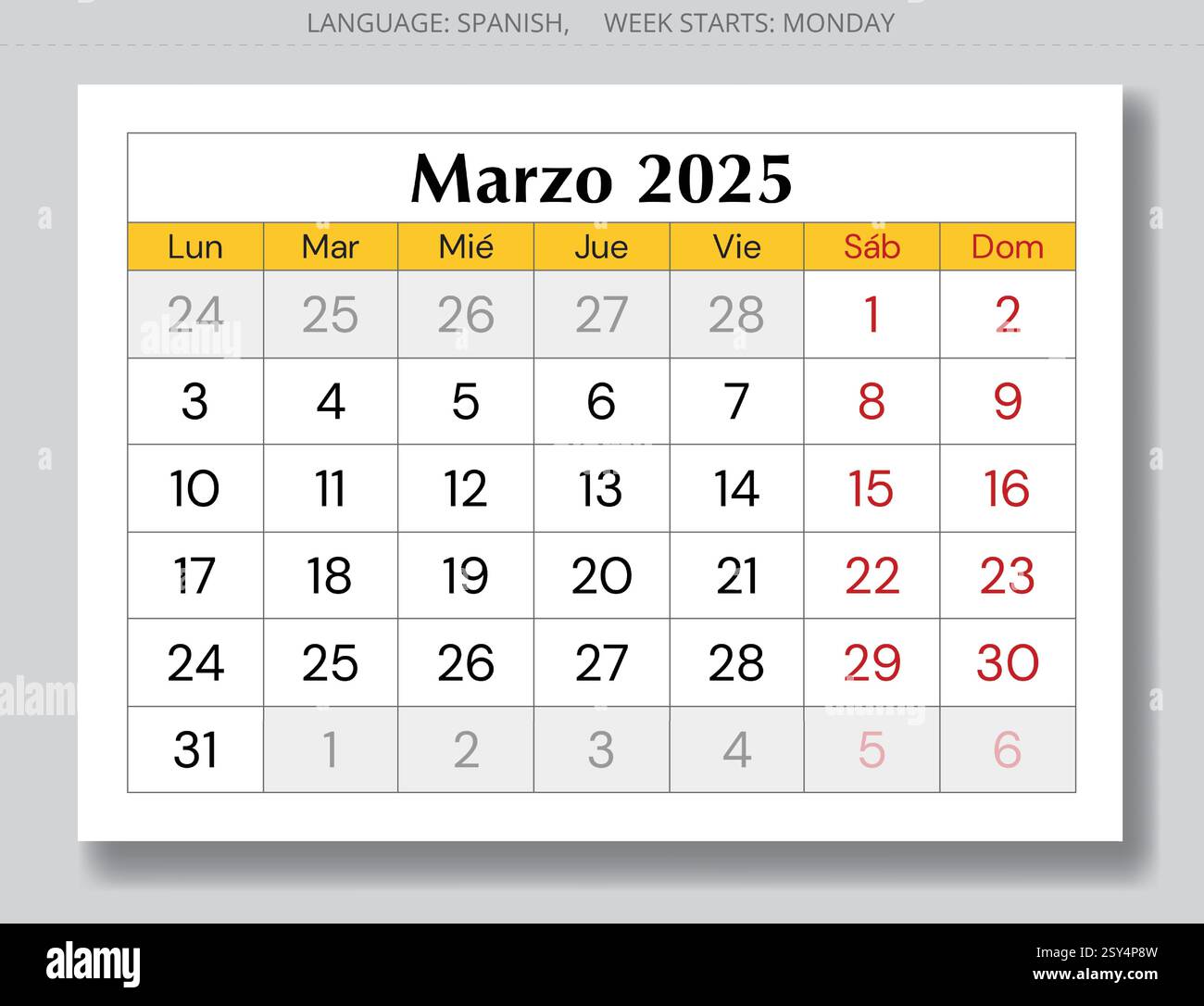 Page of 2025 Spanish march calendar - month marzo. Vector illustrations ...