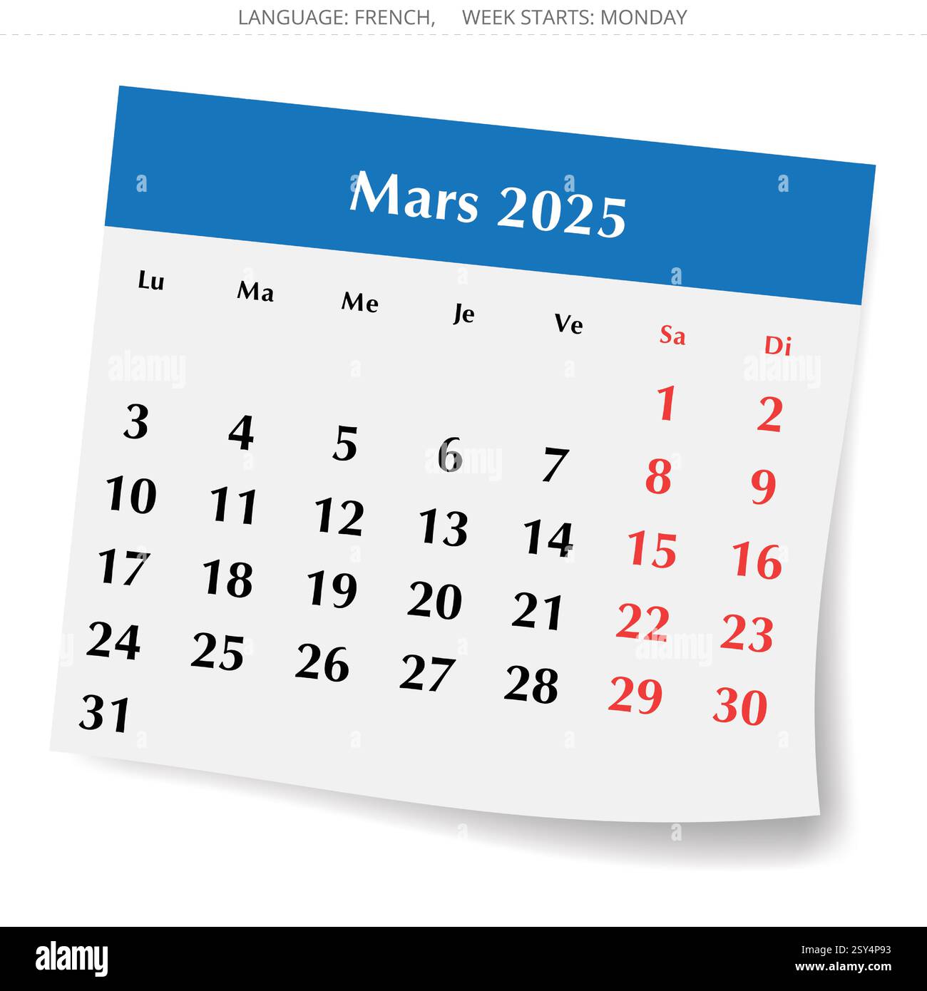 French calendar for march 2025. Vector illustration of a winter month ...
