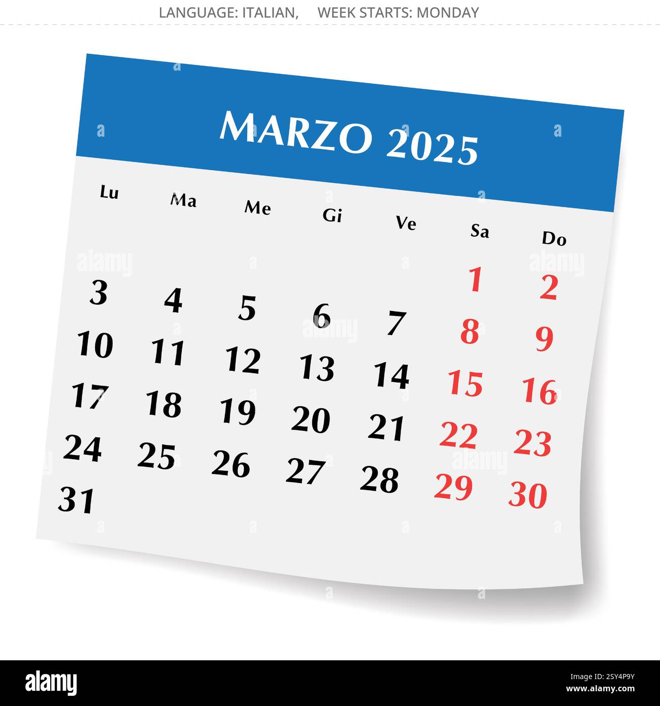 Calendar for march 2025 - marzo. Italy, Italian. Vector illustration in ...