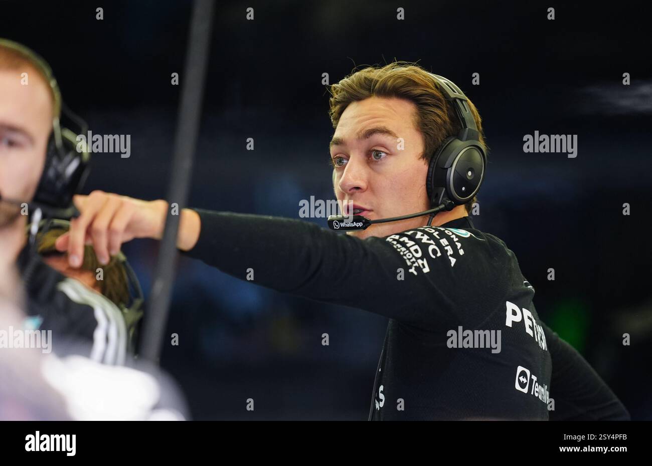 Mercedes drivers George Russell in the garage on day two of pre-season ...