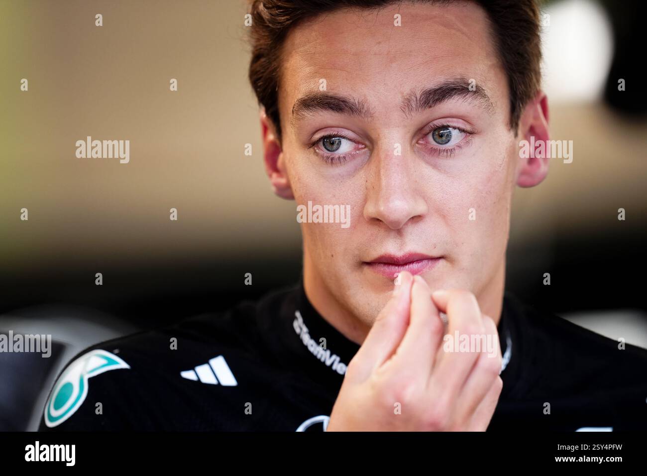 Mercedes drivers George Russell in the garage on day two of pre-season ...