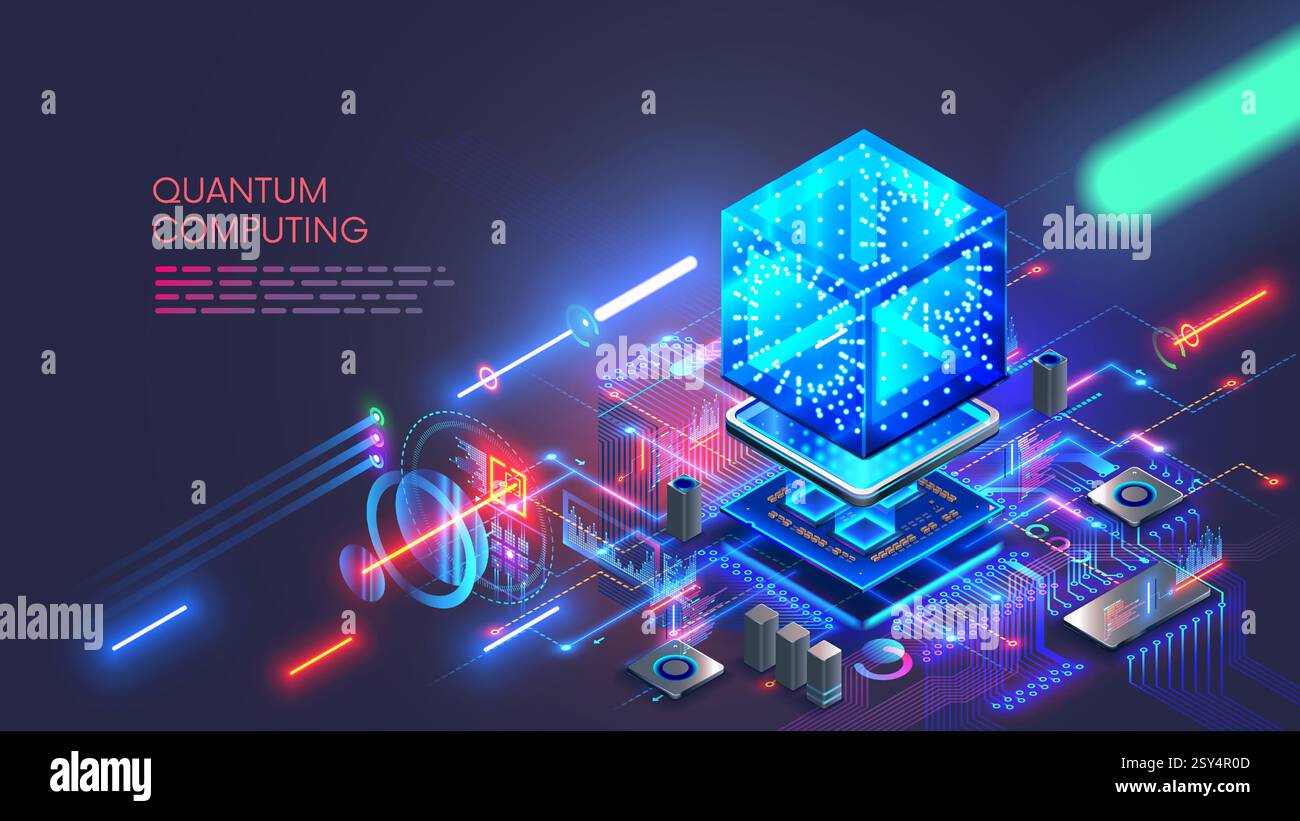 Quantum computing. Close up of optical cpu process light signal. Quantum computer of glowing ...