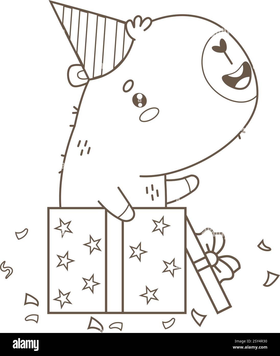 Birthday Happy Capybara in birthday cap in gift box. Outline Cute ...