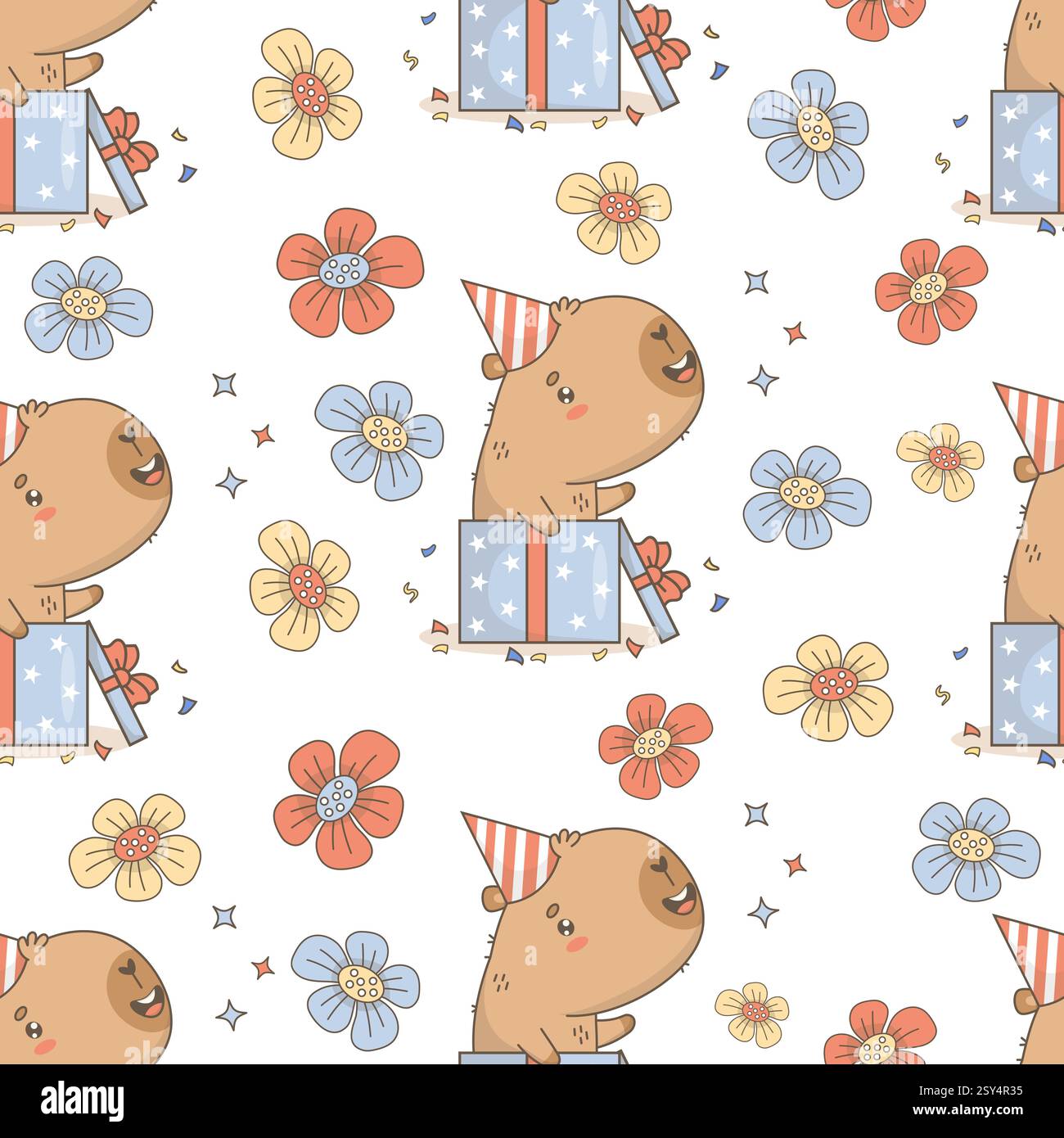 Seamless Pattern Happy funny Capybara in birthday cap in festive gift ...
