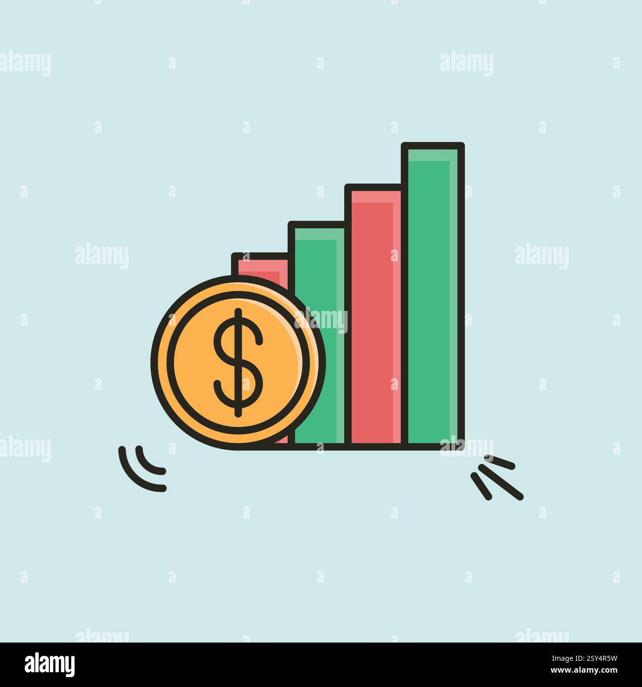 A vector illustration of a rising bar chart with green and red bars and ...
