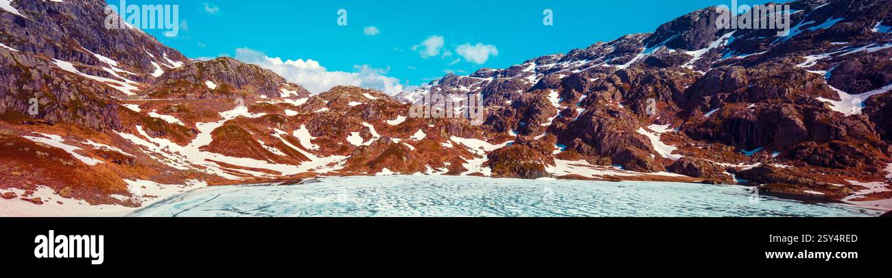 Frozen mountain lake. Beautiful nature of Norway. Horizontal Banner ...