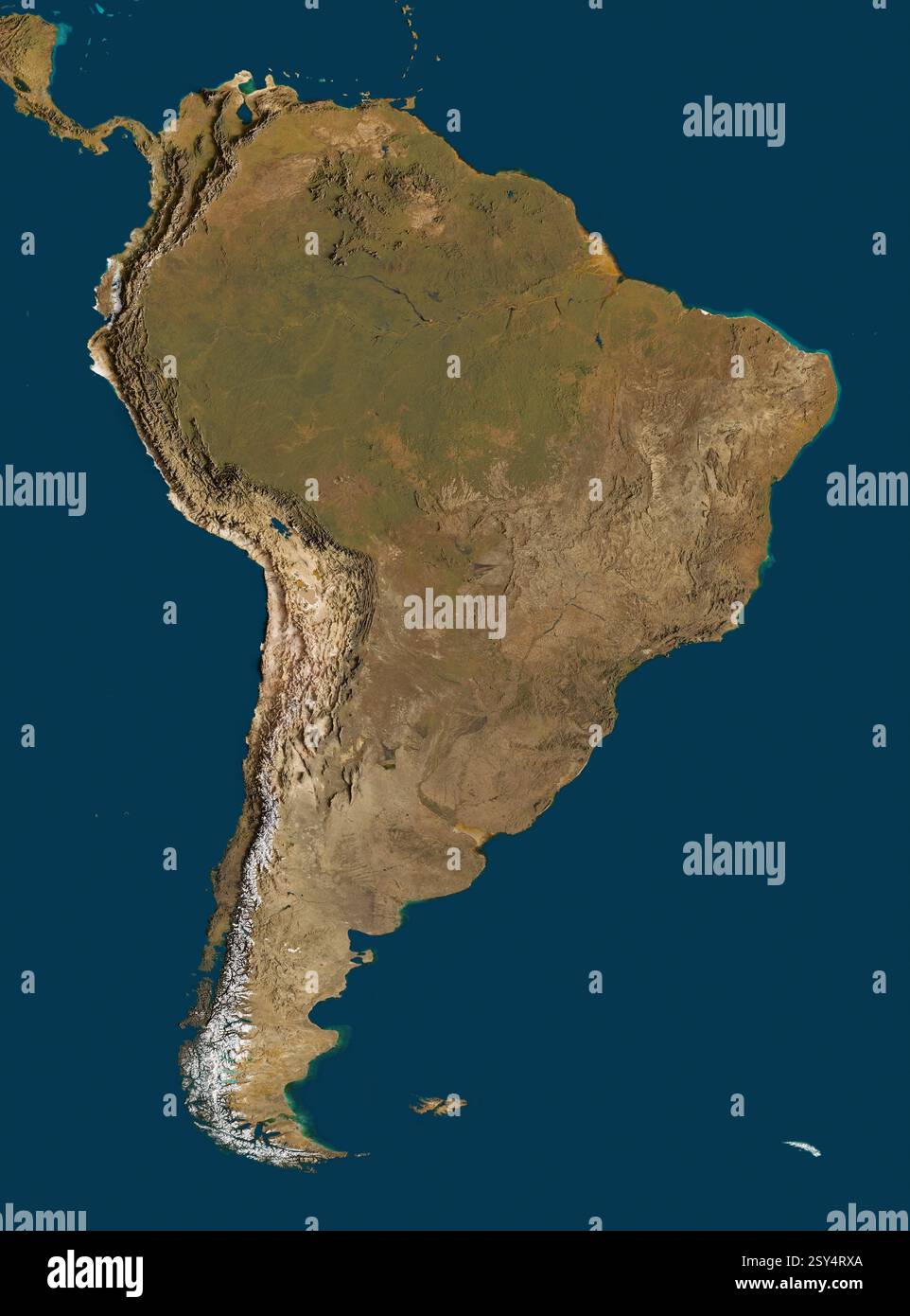 3D illustration of a highly detailed map of South America. Satellite ...