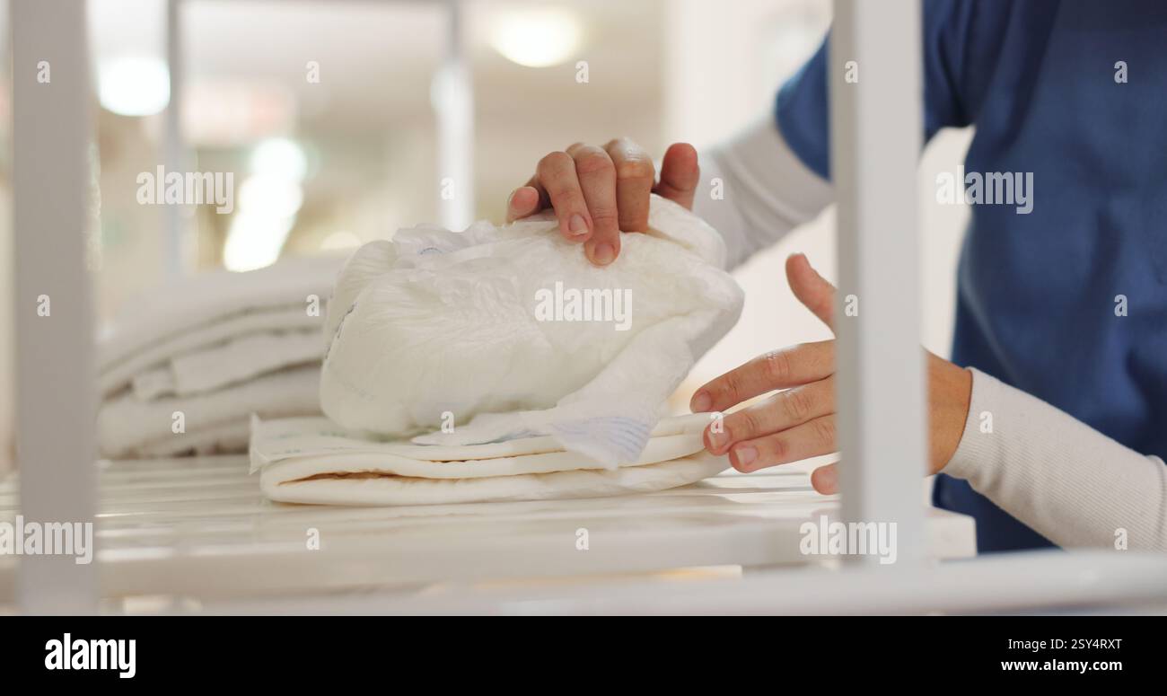 Hands, inventory and nurse in hospital for check stock, towels and ...