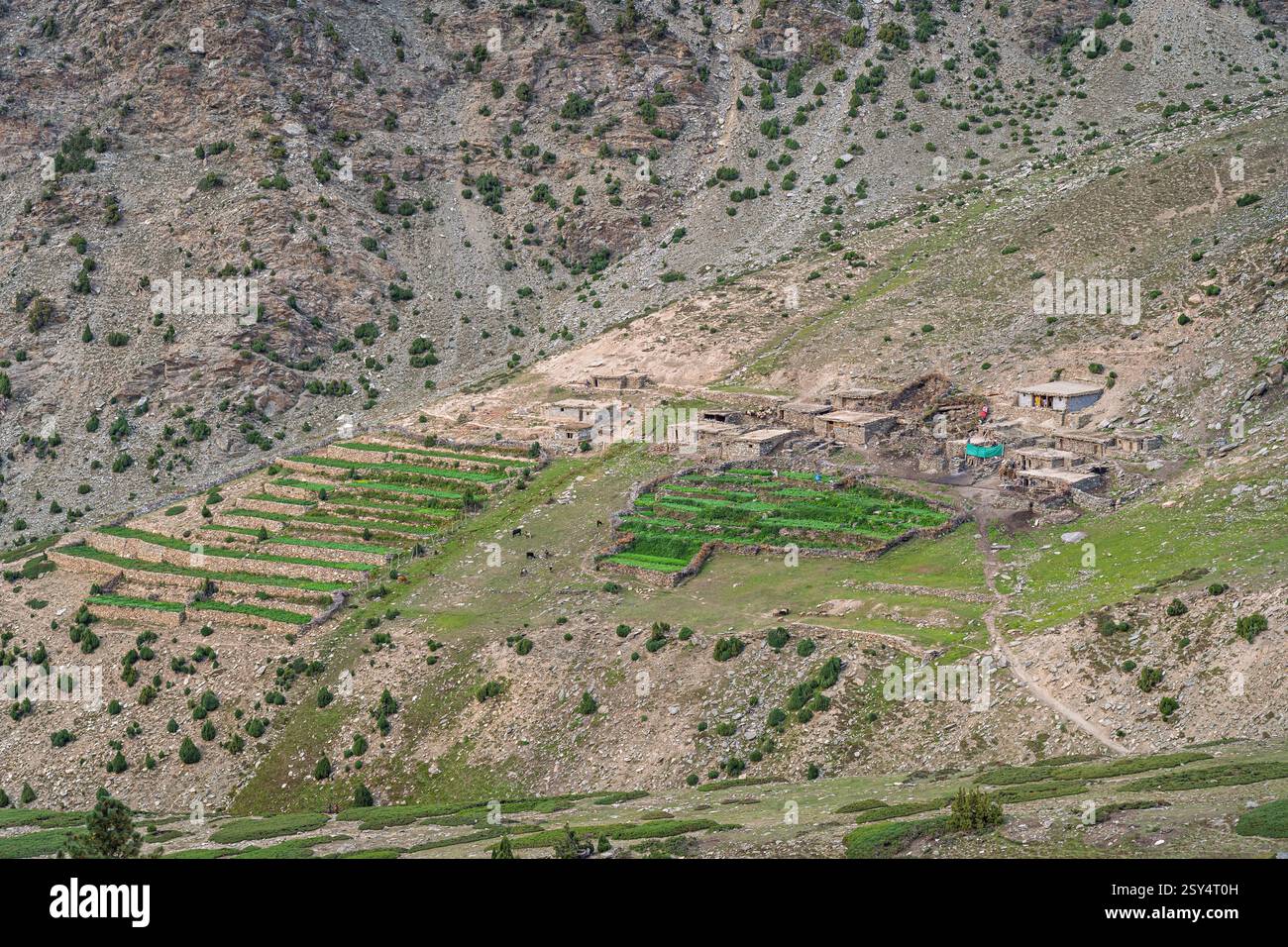 Scenic mountain landscape view of rural village with agriculture ...