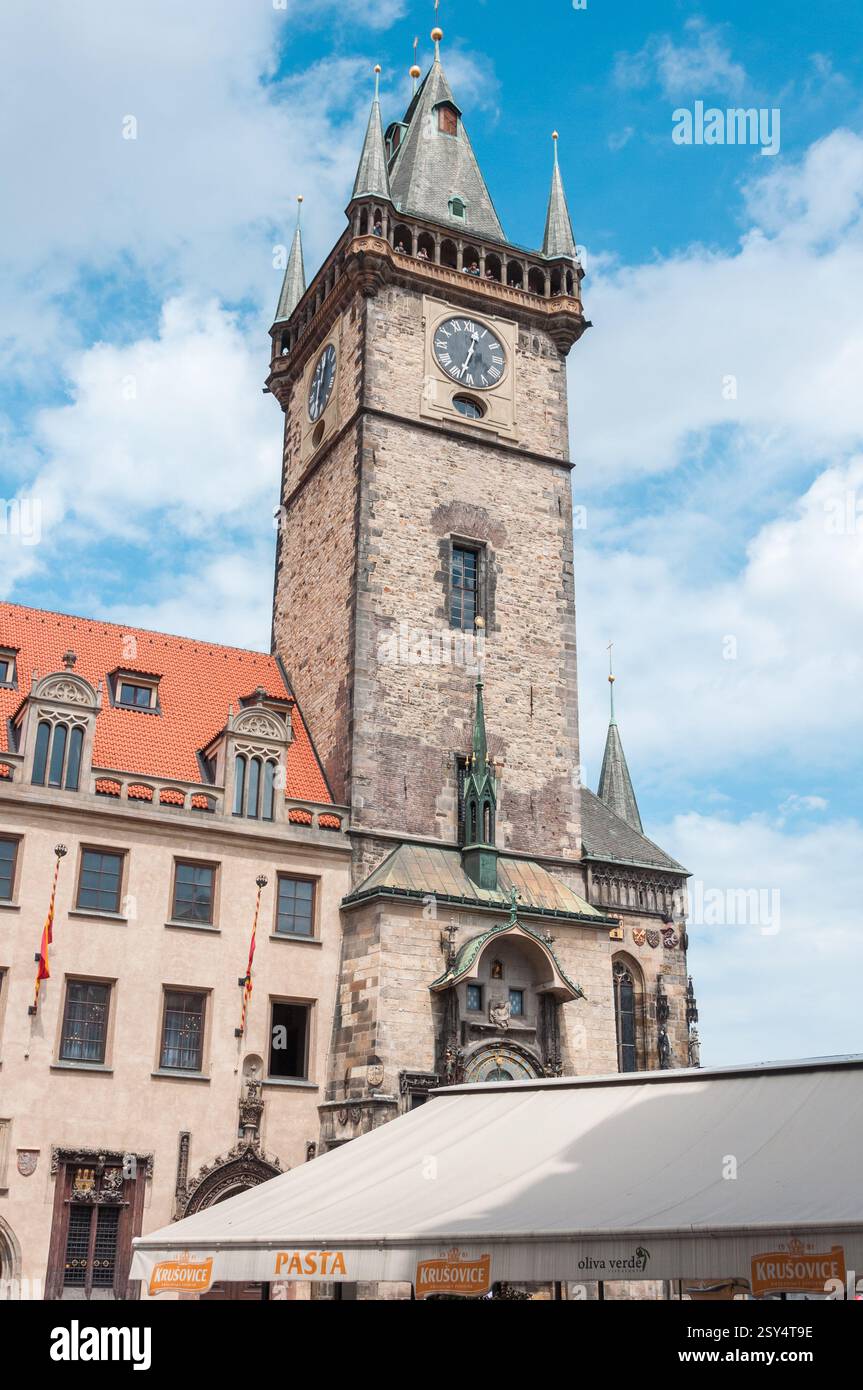 Prague, Czech Republic - June 12, 2016: The historic Old Town Hall Tower with its iconic ...