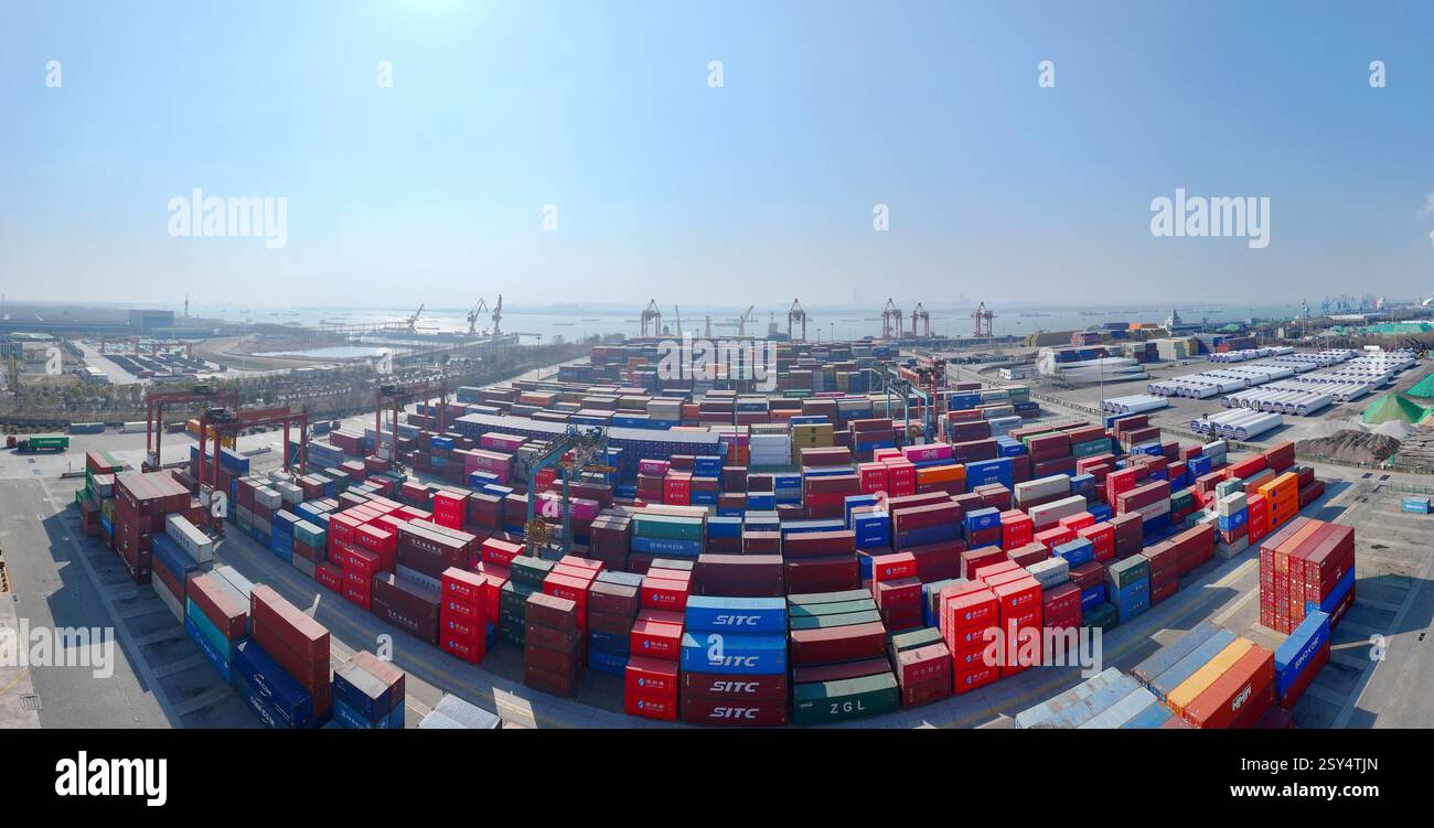 Aerial photo shows the busy container terminal at Yangzhou Port in ...
