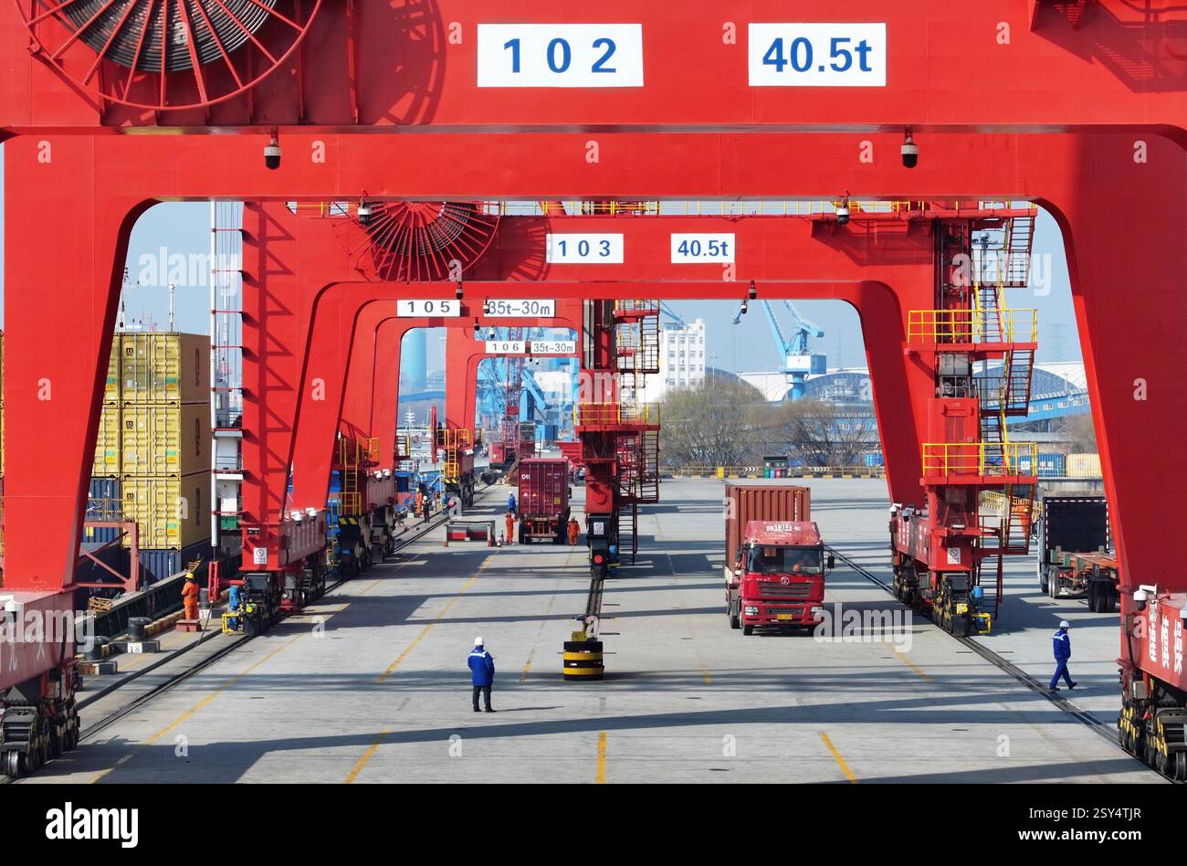 Aerial photo shows the busy container terminal at Yangzhou Port in ...