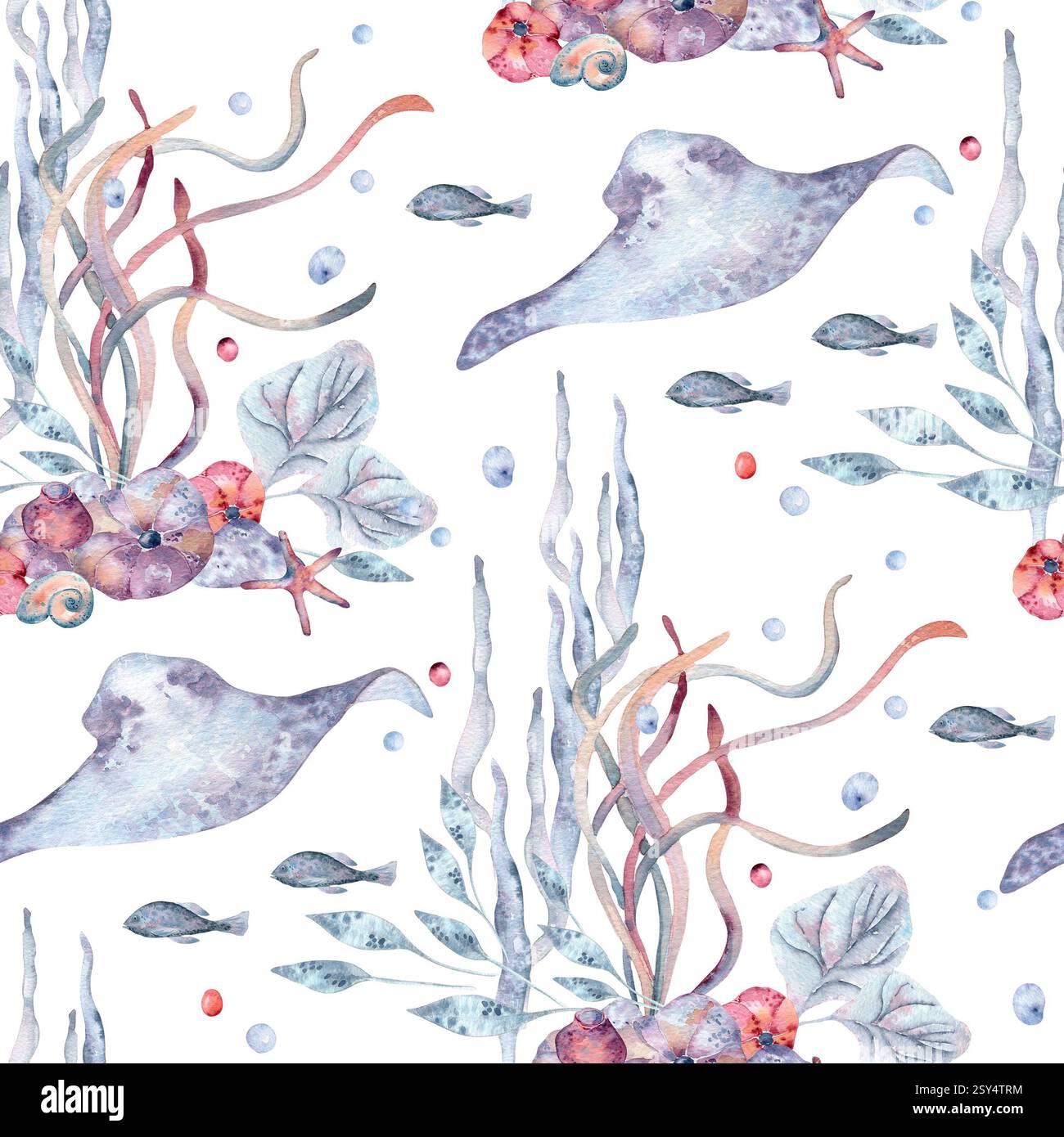 Underwater repeat texture of marine life, stingrays, fish, and seaweed ...