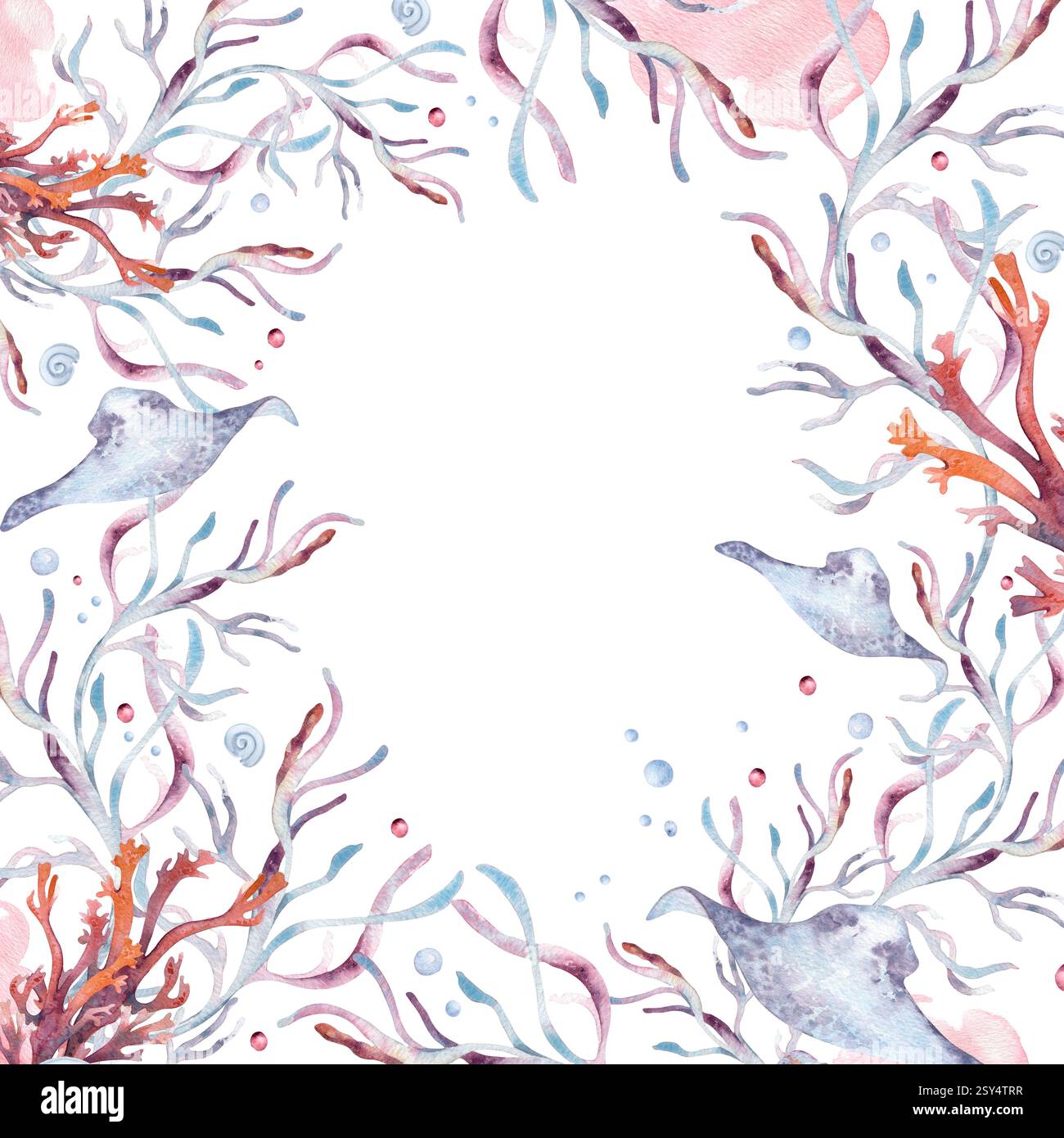 Underwater dusty pink monochrome frame with coral, stingray, and sea ...