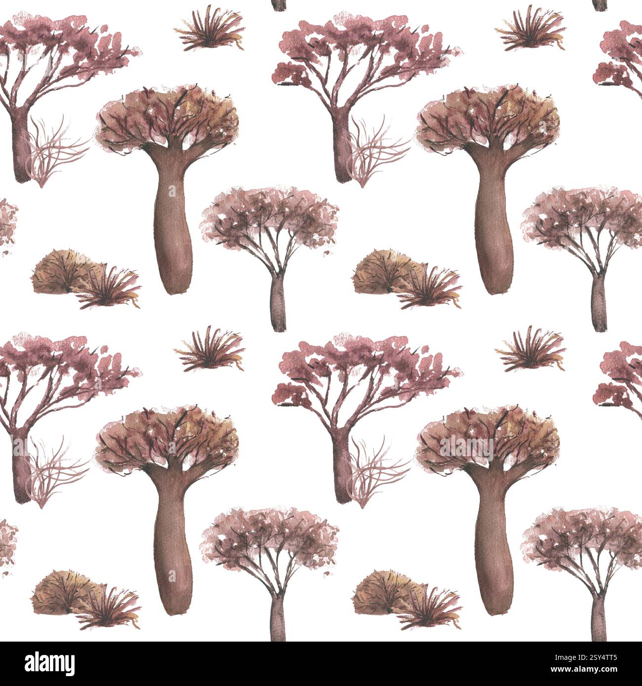 Seamless background with African baobabs and acacias hand painted ...