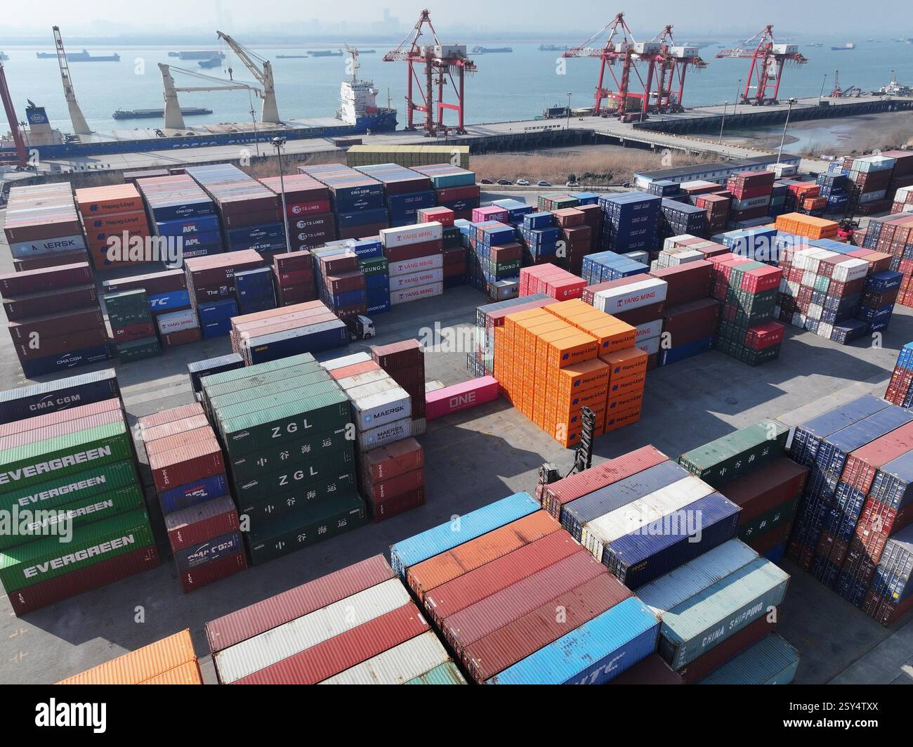 Aerial photo shows the busy container terminal at Yangzhou Port in ...