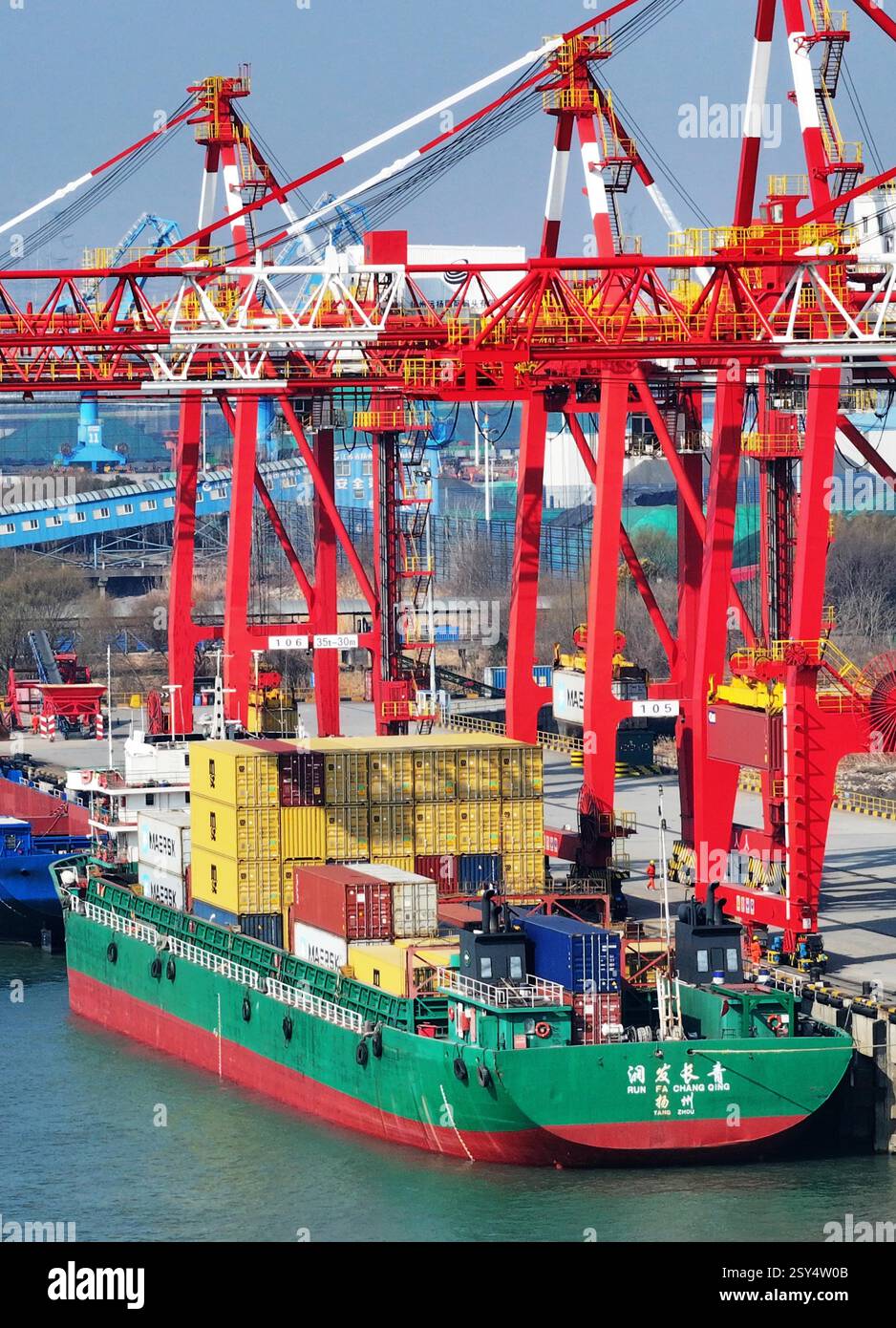Aerial photo shows the busy container terminal at Yangzhou Port in ...