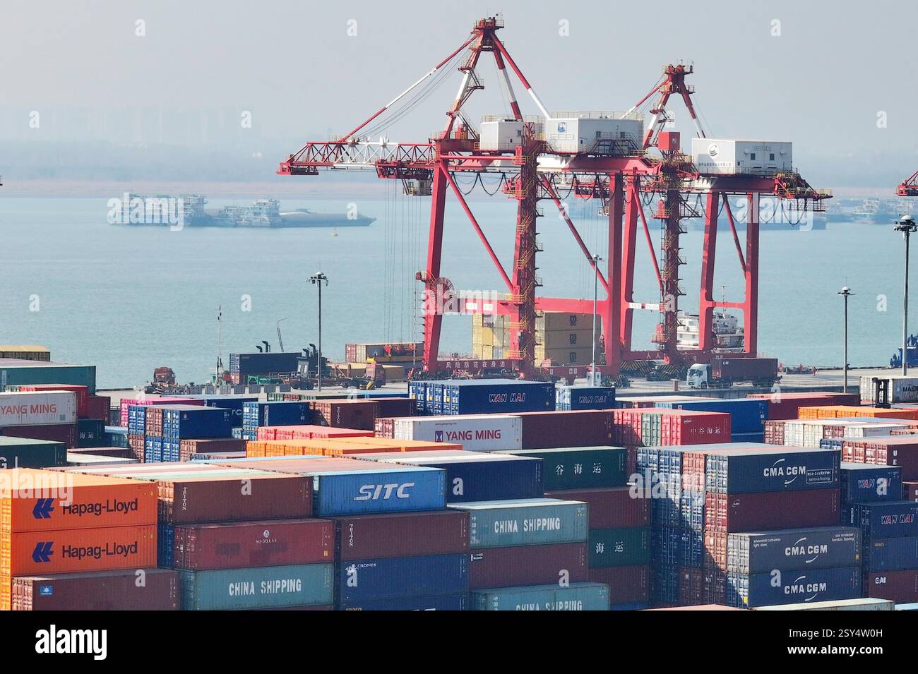 Aerial photo shows the busy container terminal at Yangzhou Port in ...