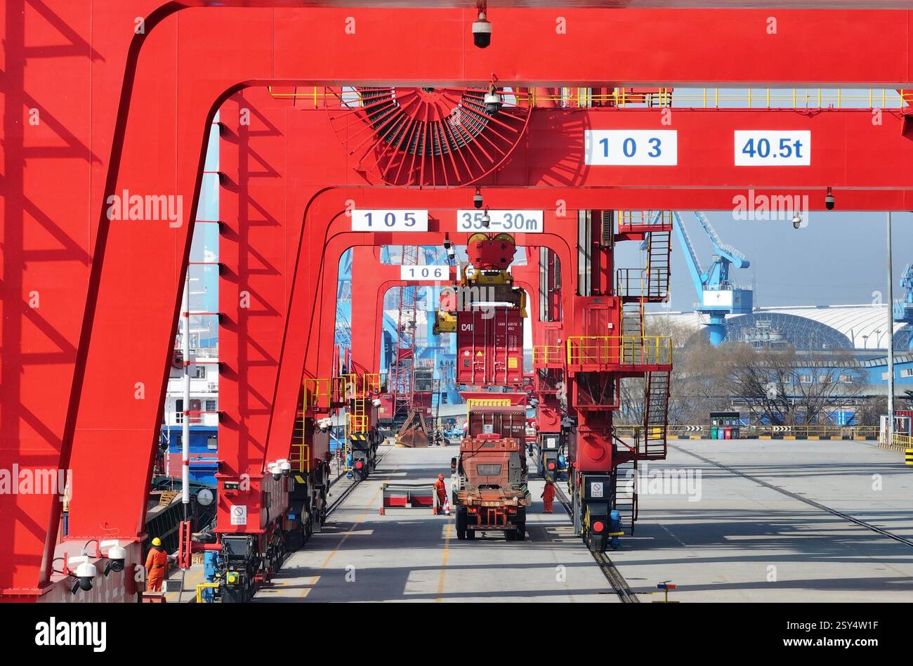 Aerial photo shows the busy container terminal at Yangzhou Port in ...