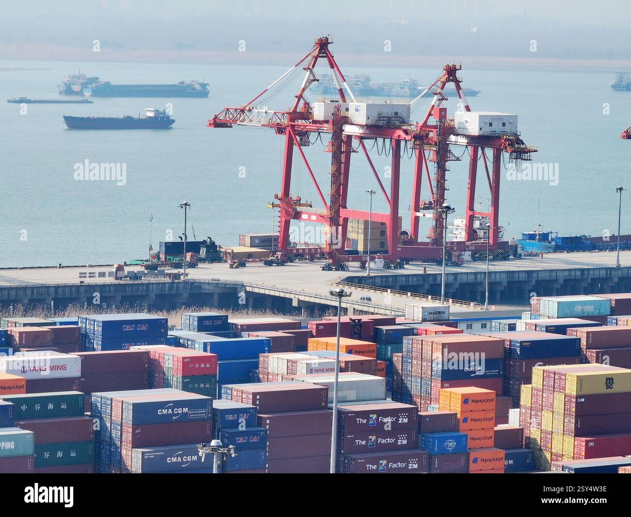 Aerial photo shows the busy container terminal at Yangzhou Port in ...