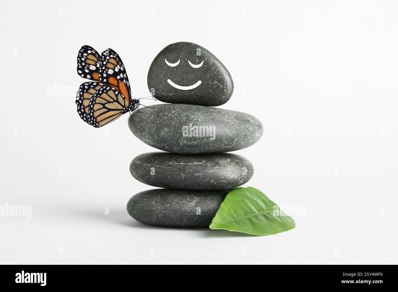 Happy stone glad to see butterfly, harmony. Stacked pebbles and one ...