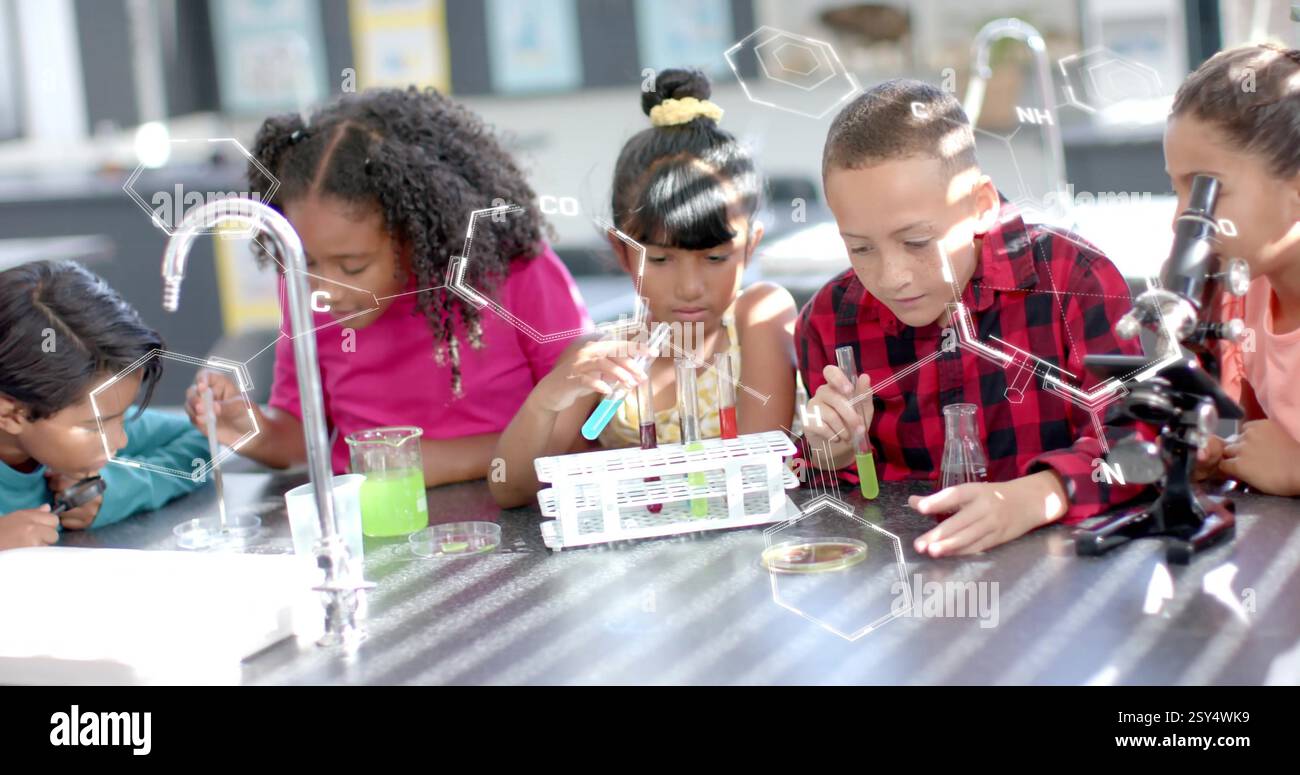 Chemical formulas and molecular structures over children conducting science experiments in ...