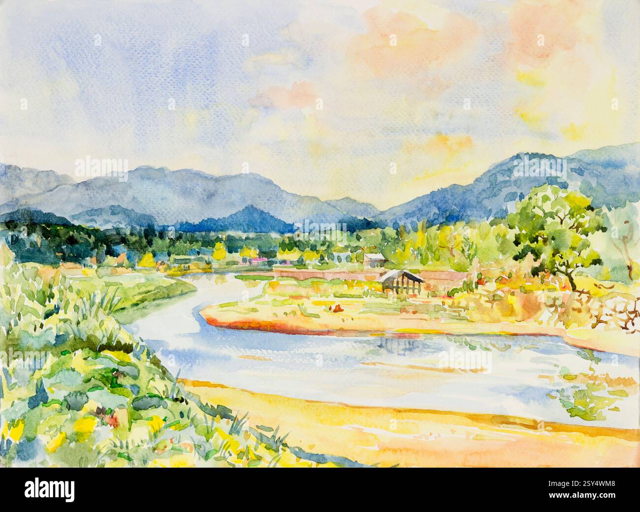Watercolor landscape original painting colorful of home with river and ...