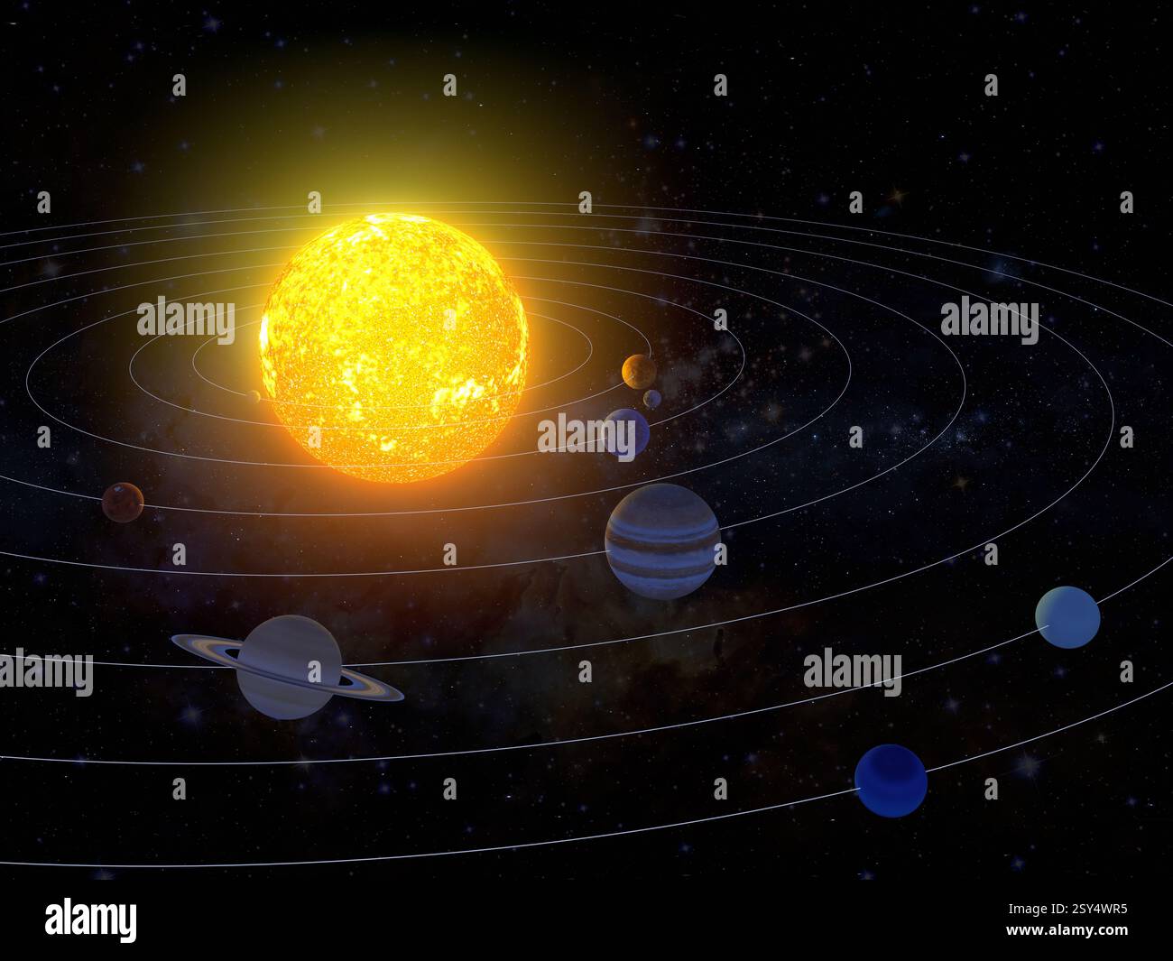 The solar system, the movement of planets around the sun. 3d render ...